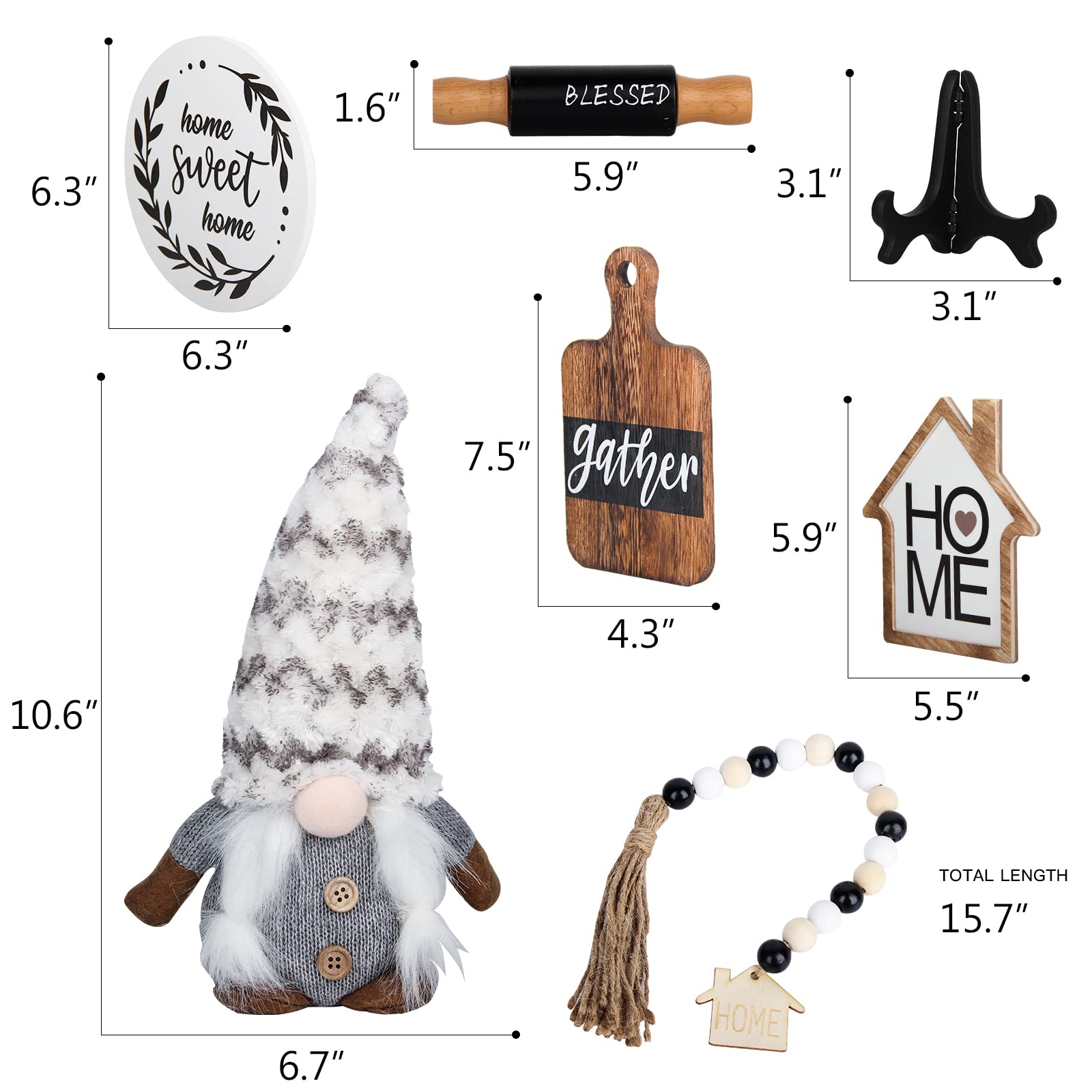 6 Pieces Farmhouse Tiered Tray Decor Items Gnomes Plush Home Sweet Home Decor Mini Signs Rolling Pin Wood Beads Garland Tiered Tray Decorations Set for Spring Summer Home Kitchen Shelf