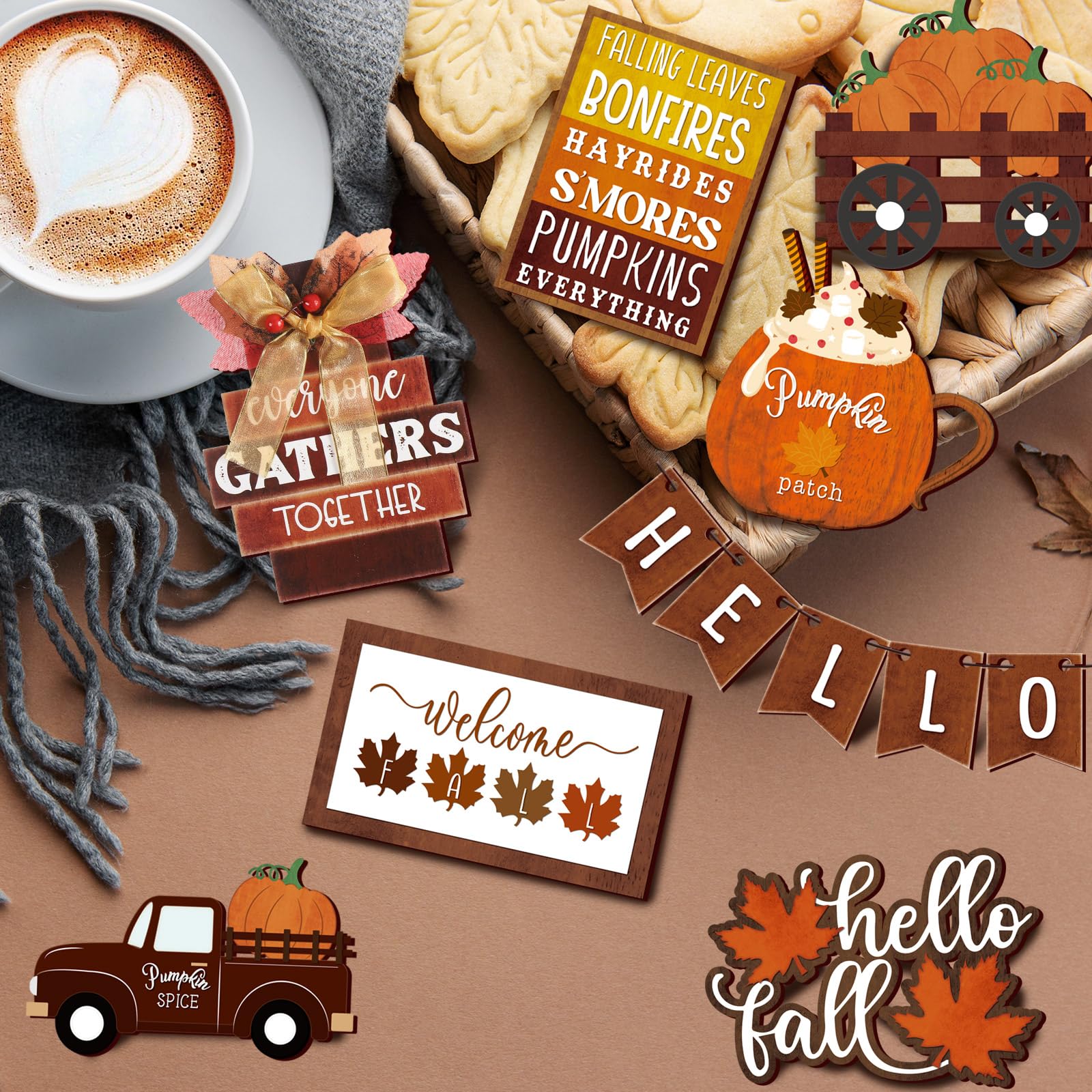 21 Pcs Fall Tiered Tray Decor Set Hello Fall Pumpkin Maple Leaf Wooden Signs Autumn Thanksgiving Decorations Rustic Farmhouse Table Centerpieces for Home Kitchen Decor Harvest Holiday