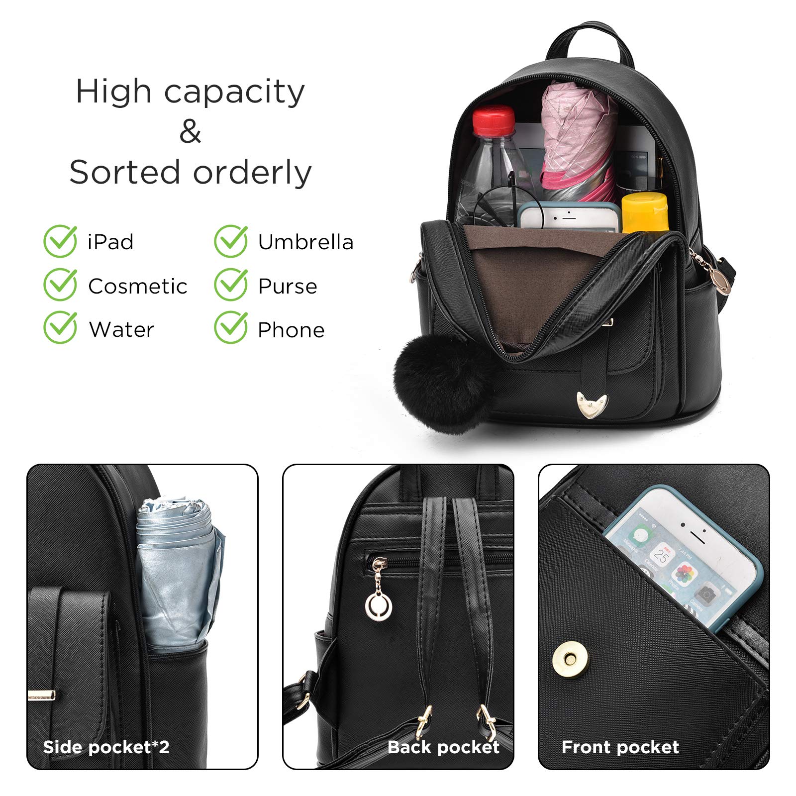 I IHAYNER Girls Fashion Backpack Mini Backpack Purse for Women Teenage Girls Purses PU Leather Pompom Backpack Shoulder Bag White