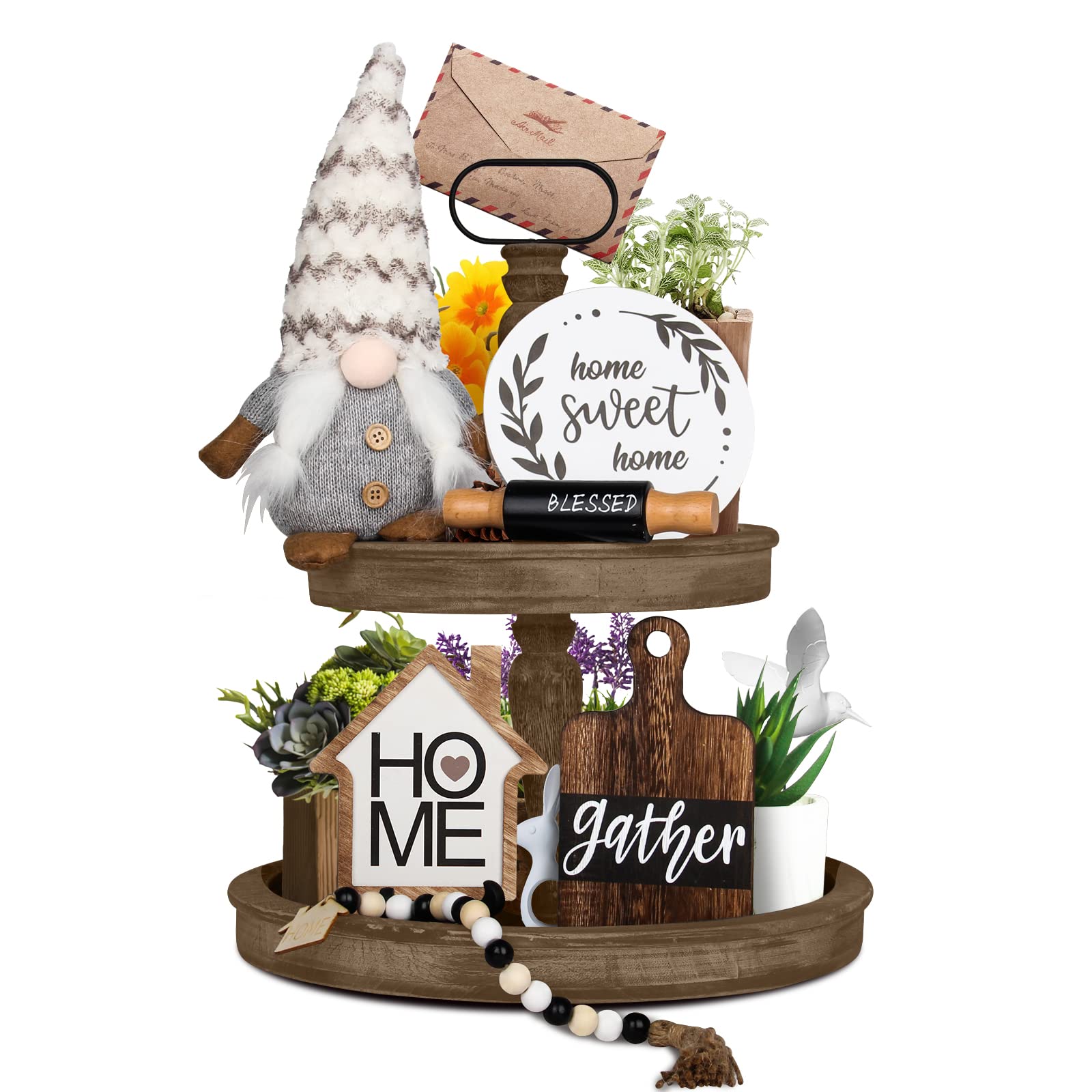 6 Pieces Farmhouse Tiered Tray Decor Items Gnomes Plush Home Sweet Home Decor Mini Signs Rolling Pin Wood Beads Garland Tiered Tray Decorations Set for Spring Summer Home Kitchen Shelf