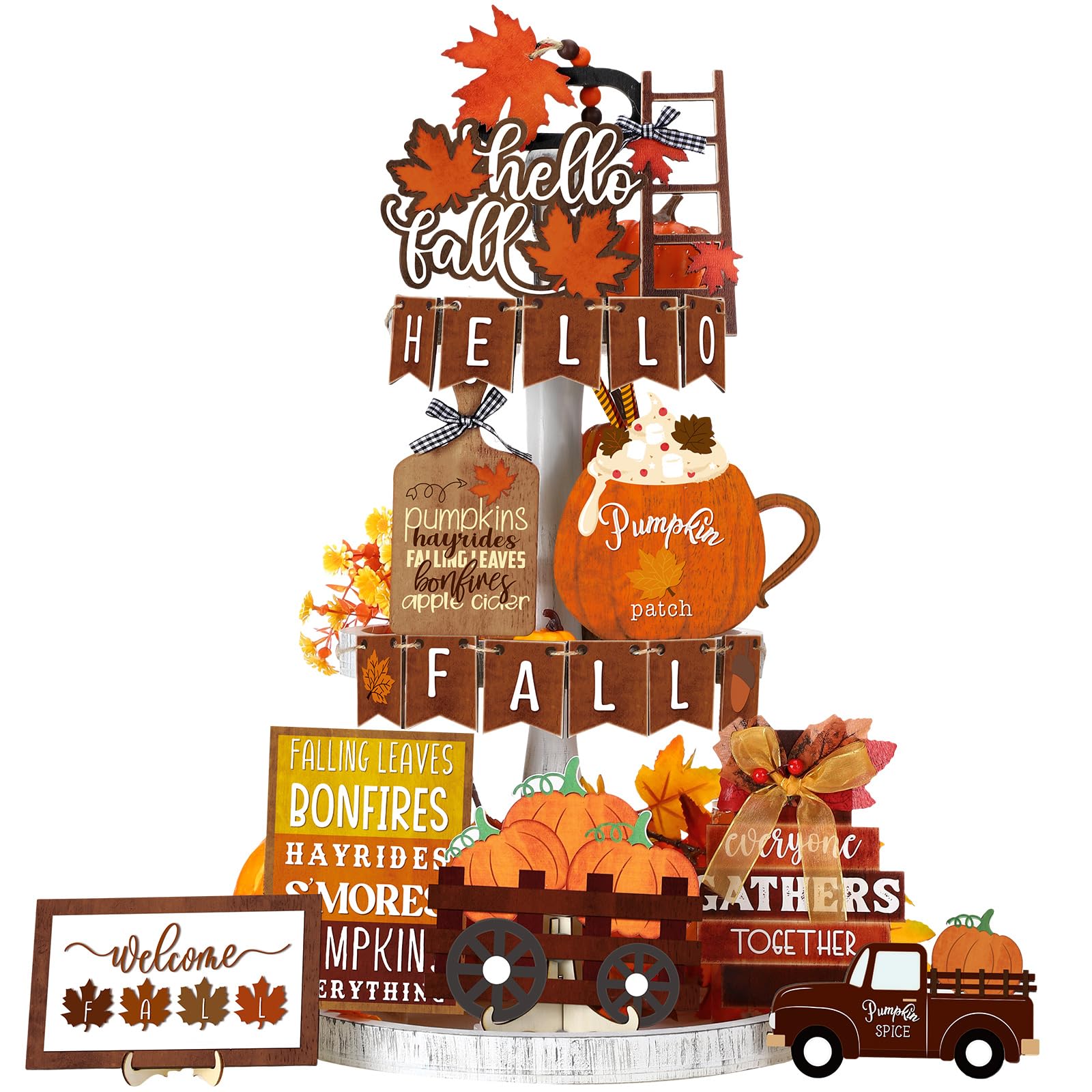 21 Pcs Fall Tiered Tray Decor Set Hello Fall Pumpkin Maple Leaf Wooden Signs Autumn Thanksgiving Decorations Rustic Farmhouse Table Centerpieces for Home Kitchen Decor Harvest Holiday