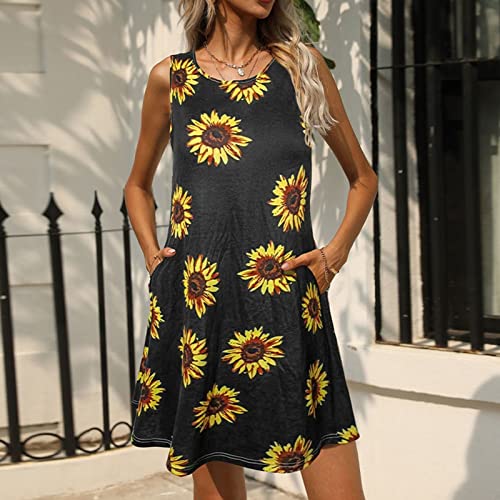 Cnebo Formal Dresses for Women 2023 Women's Summer Loose Tassel Sleeveless Printed Dress Black