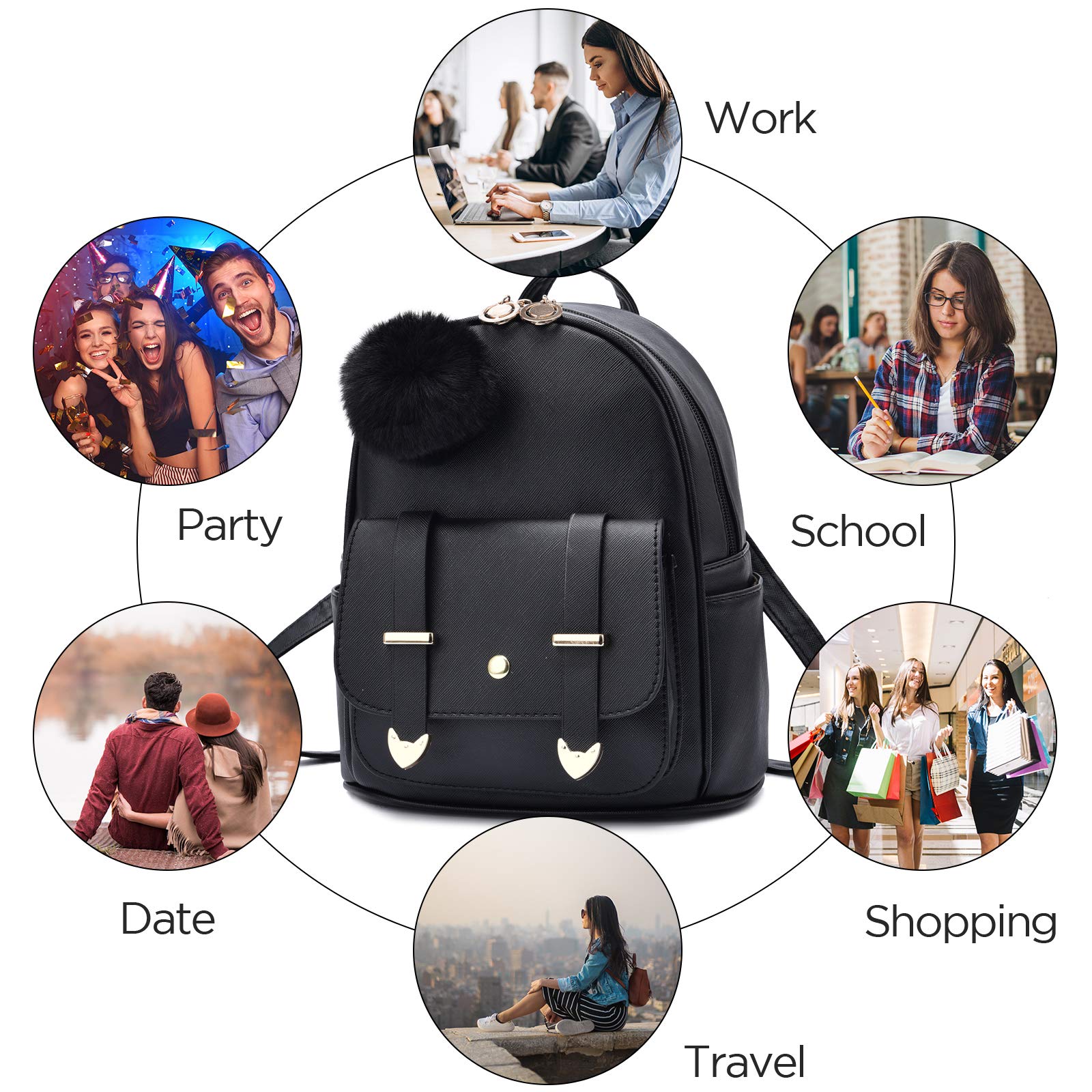 I IHAYNER Girls Fashion Backpack Mini Backpack Purse for Women Teenage Girls Purses PU Leather Pompom Backpack Shoulder Bag White