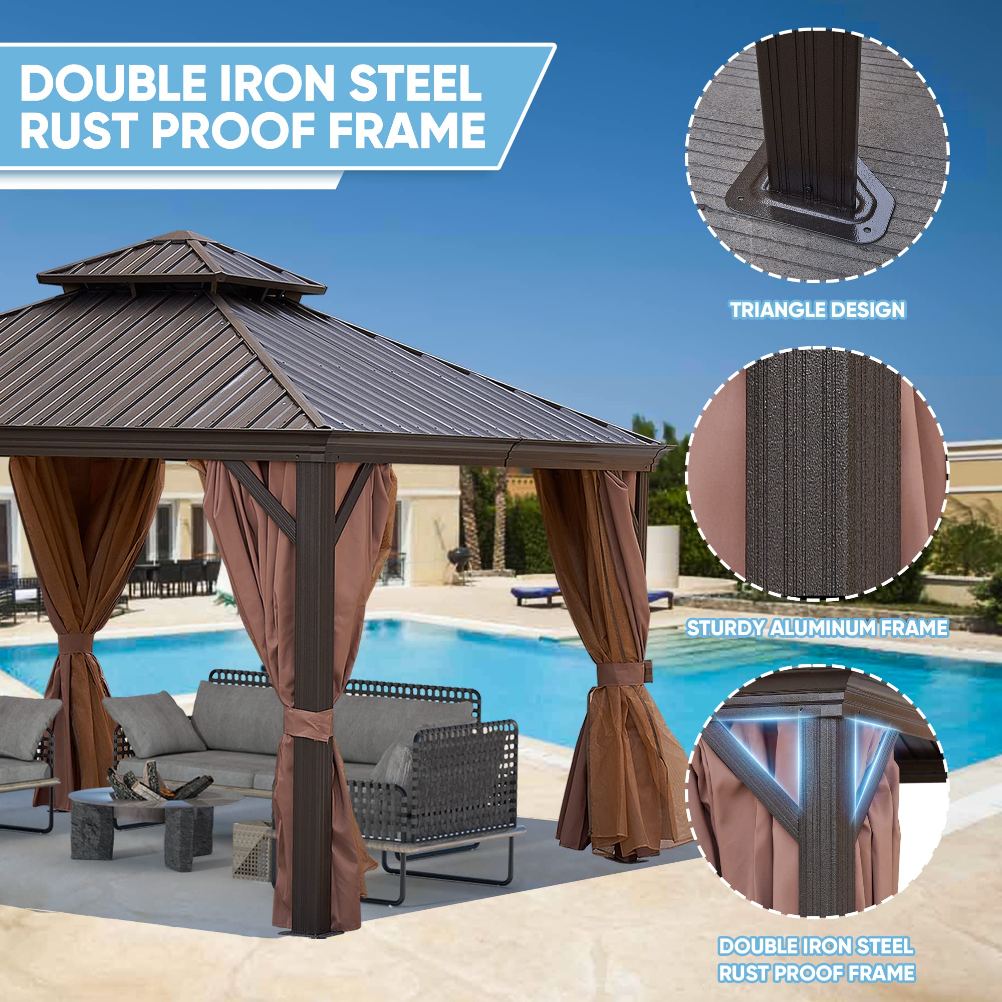 Endark 12x12FT Hardtop Gazebo with Galvanized Steel Double Roof, Outdoor Metal-Look Aluminum Frame Canopy with Netting and Removable Zippered Curtains, Pergolas for Patio, Garden, Lawn and Backyard