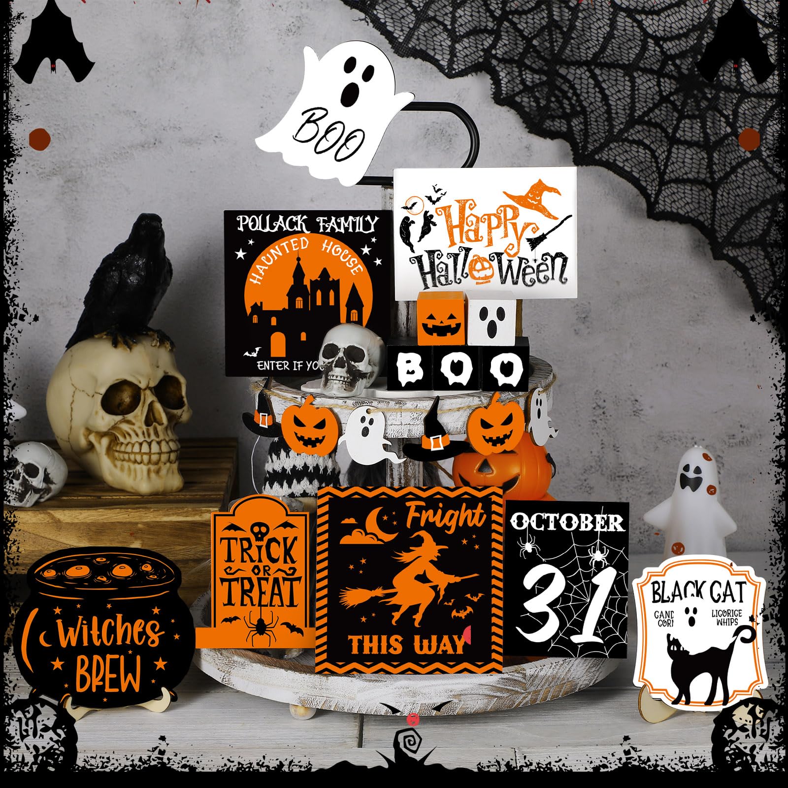 19 Pcs Halloween Tiered Tray Decorations Set Halloween Farmhouse Tray Decoration Boo Happy Halloween Wooden Signs Rustic Tiered Tray Decor Items for Home Table Kitchen Party