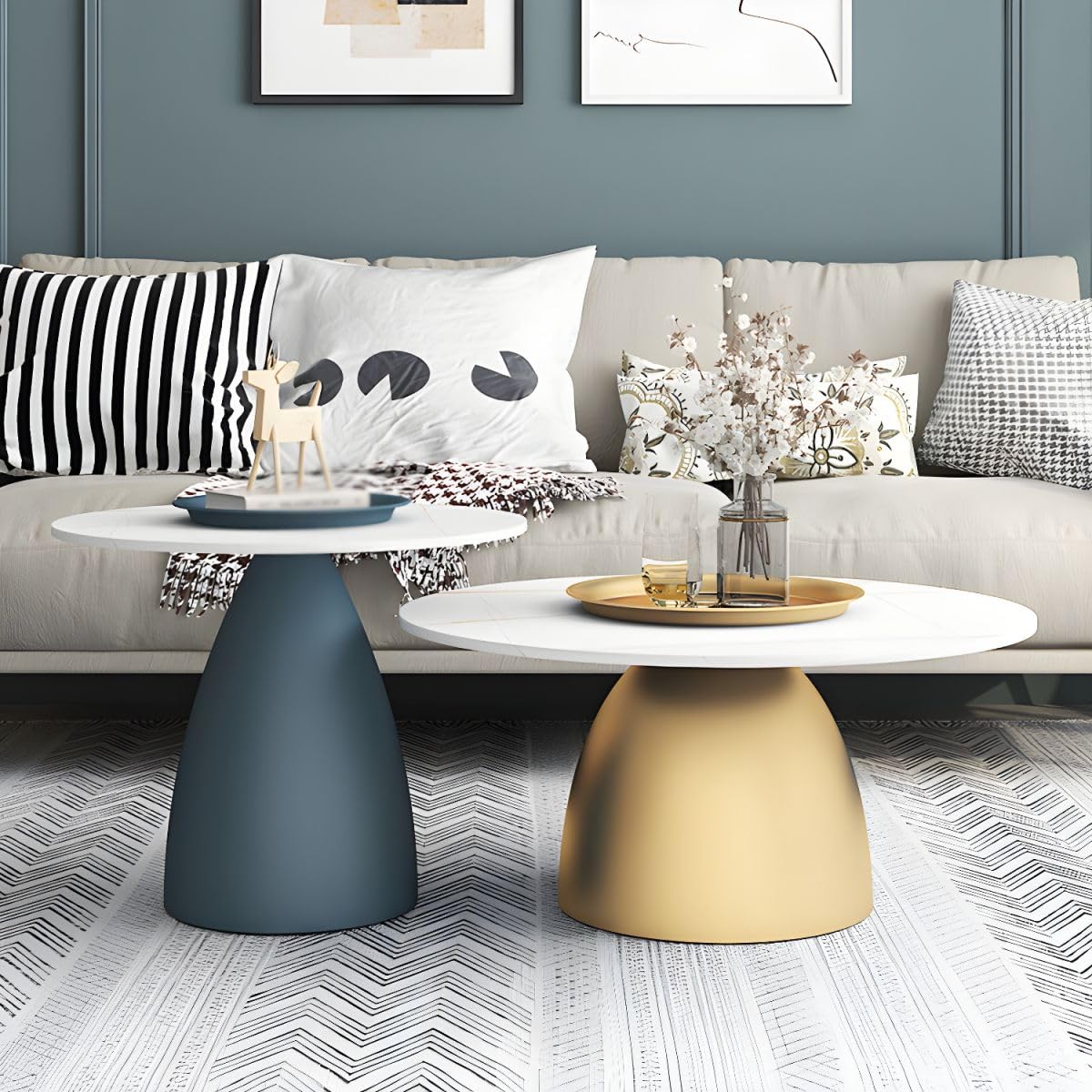 KWOKING Modern Slate Pedestal Coffee Table Round Cocktail Table Italian Tea Table, Creative Slate Coffee Table,Living Room Sofa Table, Simple Small Round Table White Blue 24" L x 24" W x 18" H