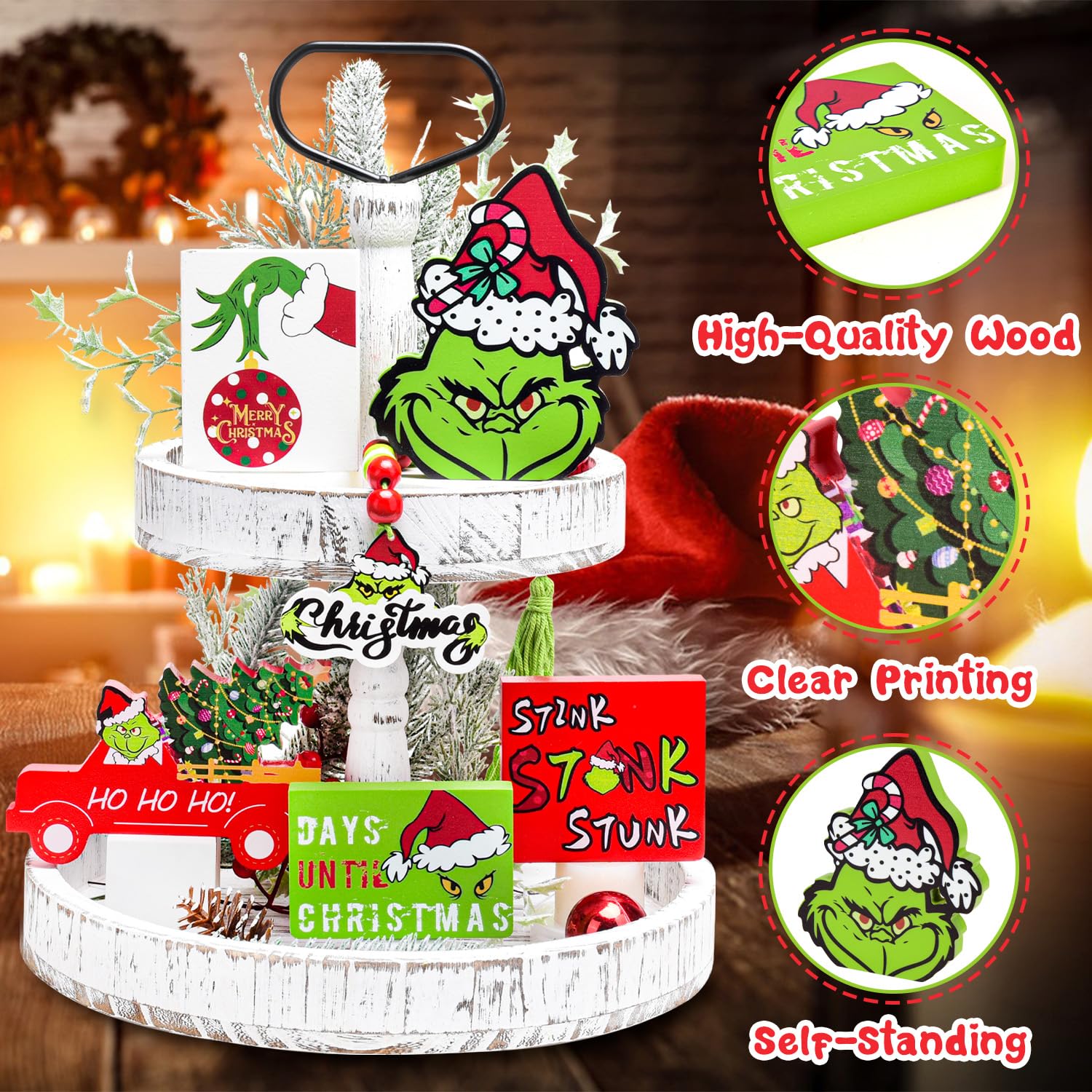 Christmas Tiered Tray Decorations - 6pcs Wooden Signs Table Centerpieces for Rustic Xmas Holiday Indoor Home Table Top Décor