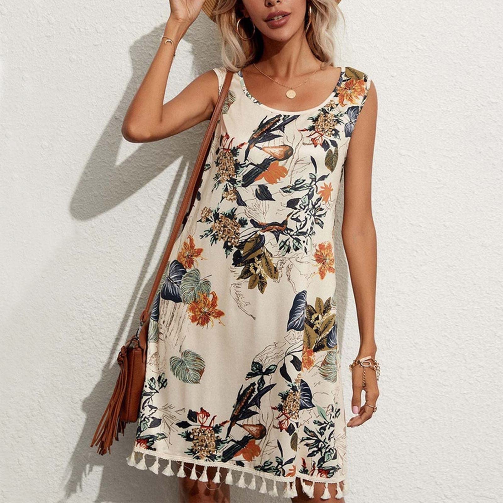 Cnebo Formal Dresses for Women Evening Party 2023 Women's Summer Loose Tassel Sleeveless Printed Dress Beige