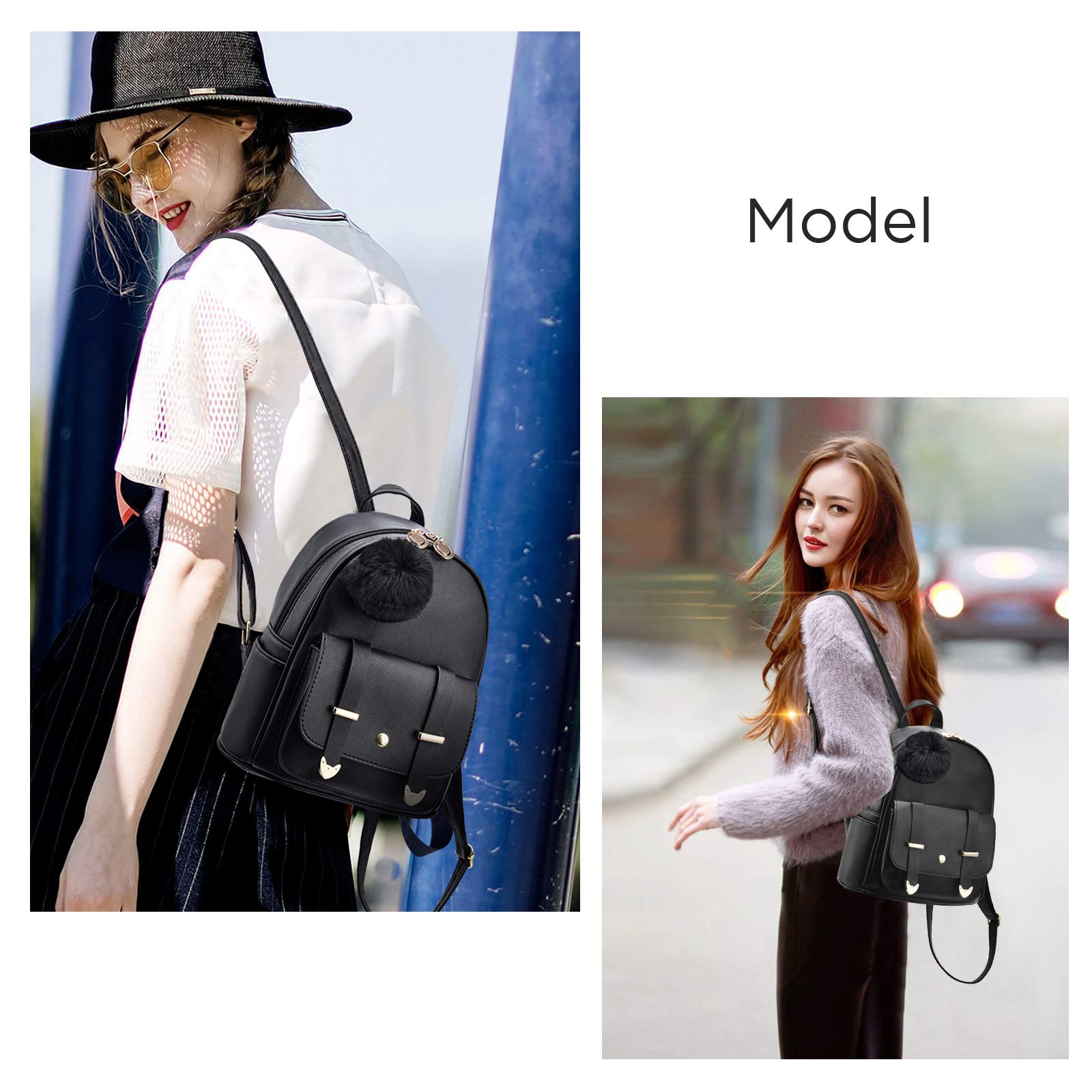 I IHAYNER Girls Fashion Backpack Mini Backpack Purse for Women Teenage Girls Purses PU Leather Pompom Backpack Shoulder Bag White