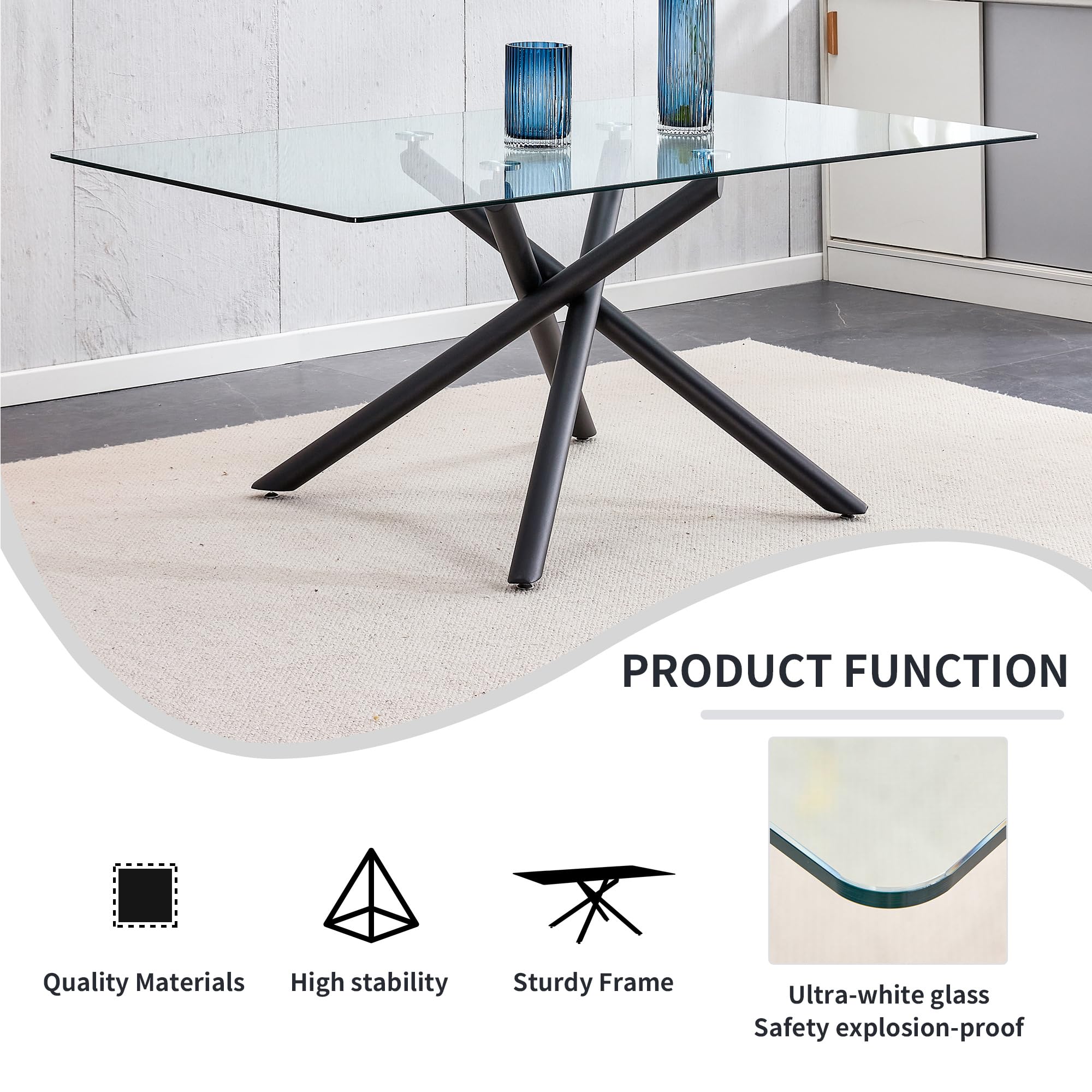 JBFF 71" Large 6-8, Modern 0.39" Tempered Glass Top Black Metal Pedestal Base, Easy Assemble, Mid-Century Rectangle Dinner Table for Dining, Living Room, Kitchen, Office