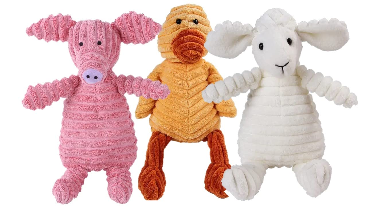 Adorable Plush and Squeaky Dog Chew Toys (3-Pack, Duck, Lamb, and Pig) - by Imbo Pets