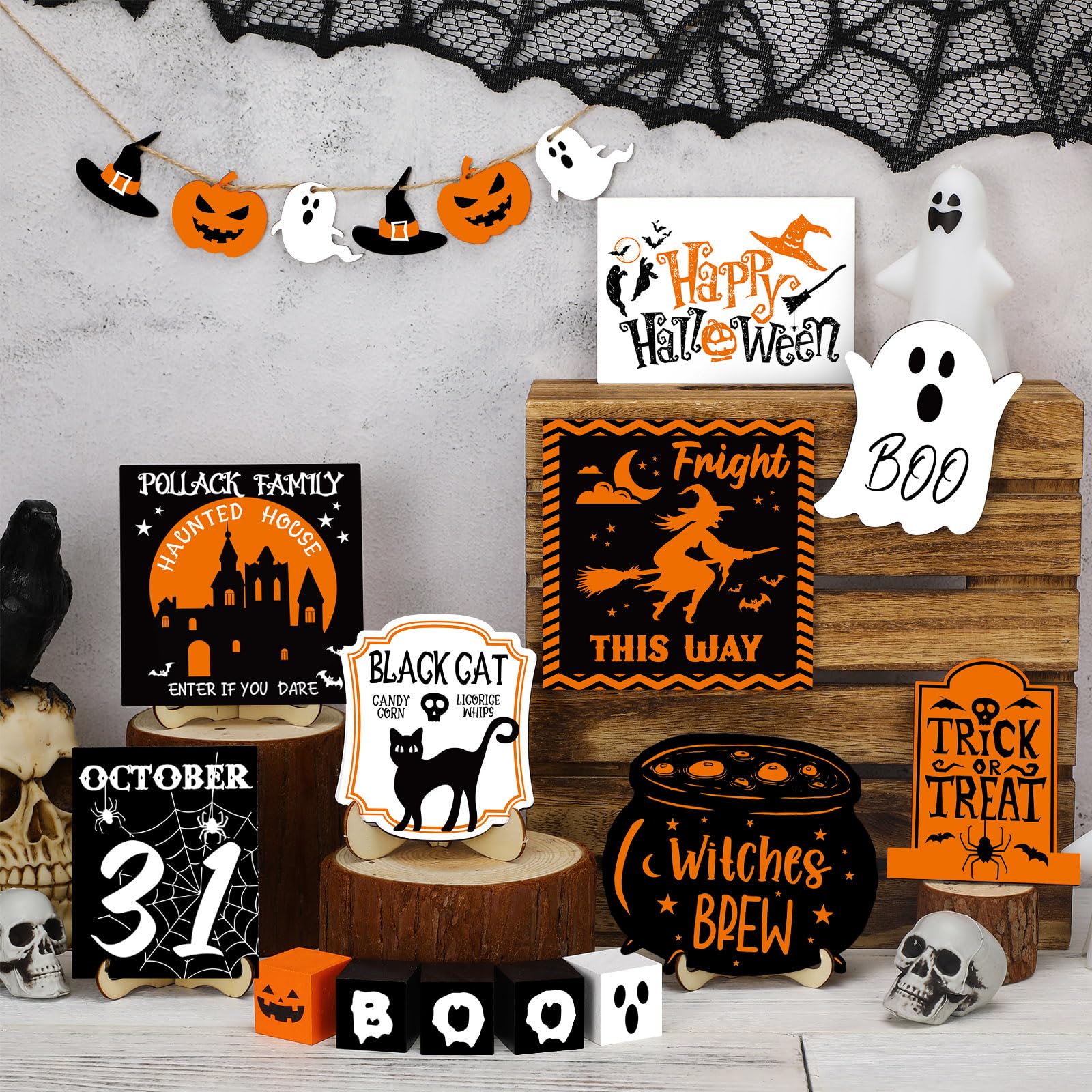 19 Pcs Halloween Tiered Tray Decorations Set Halloween Farmhouse Tray Decoration Boo Happy Halloween Wooden Signs Rustic Tiered Tray Decor Items for Home Table Kitchen Party