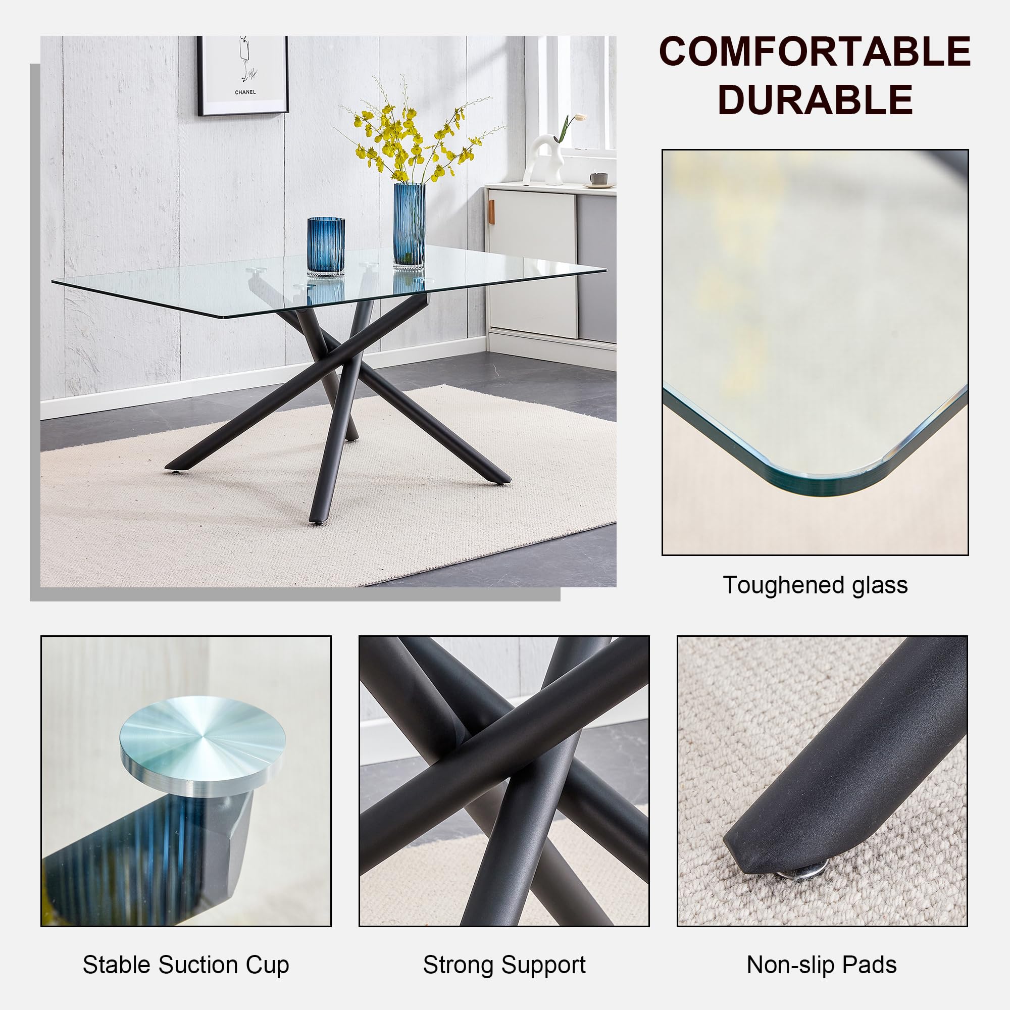 JBFF 71" Large 6-8, Modern 0.39" Tempered Glass Top Black Metal Pedestal Base, Easy Assemble, Mid-Century Rectangle Dinner Table for Dining, Living Room, Kitchen, Office