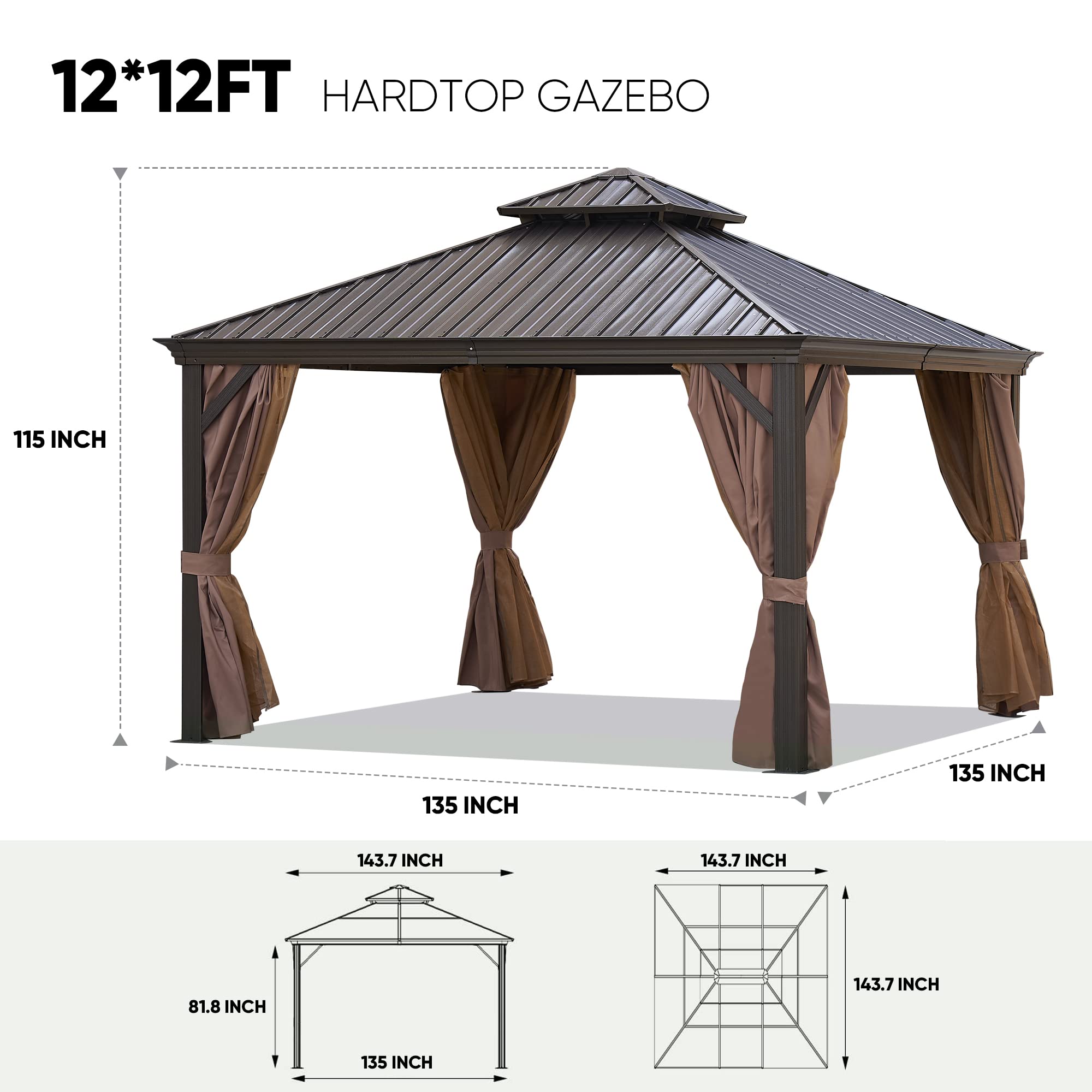 Endark 12x12FT Hardtop Gazebo with Galvanized Steel Double Roof, Outdoor Metal-Look Aluminum Frame Canopy with Netting and Removable Zippered Curtains, Pergolas for Patio, Garden, Lawn and Backyard