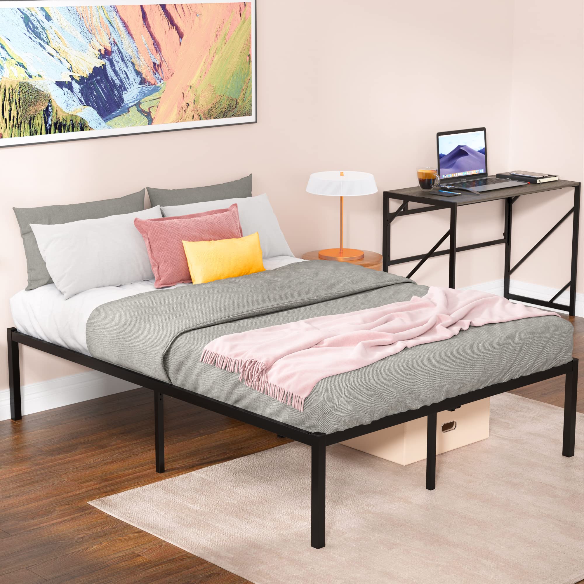 Elephance Queen Bed Frame with Storage Space 16 Inch Black Bedframe No Box Spring Needed Metal Platform with Heavy Duty Steel Slat Support, Easy Assembly