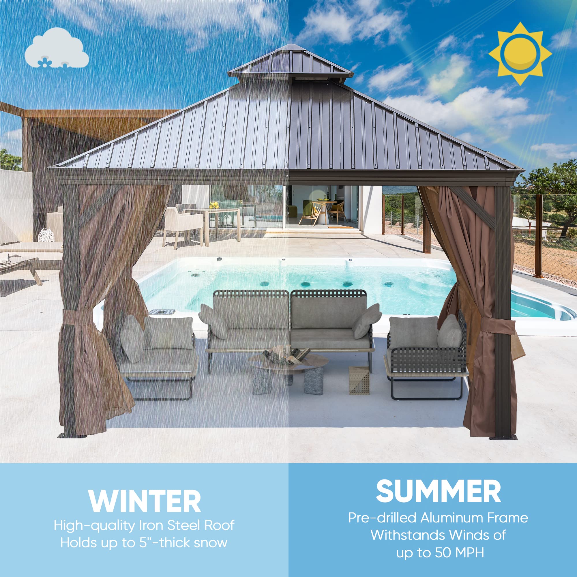 Endark 12x12FT Hardtop Gazebo with Galvanized Steel Double Roof, Outdoor Metal-Look Aluminum Frame Canopy with Netting and Removable Zippered Curtains, Pergolas for Patio, Garden, Lawn and Backyard