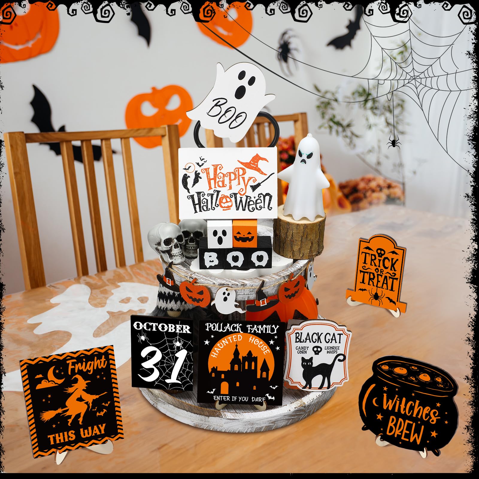 19 Pcs Halloween Tiered Tray Decorations Set Halloween Farmhouse Tray Decoration Boo Happy Halloween Wooden Signs Rustic Tiered Tray Decor Items for Home Table Kitchen Party