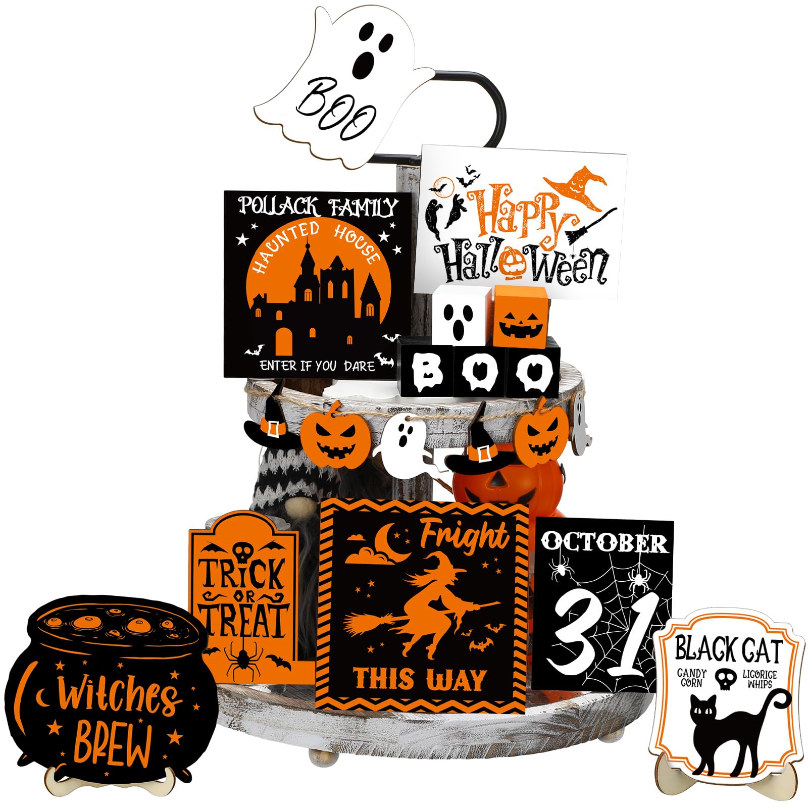 19 Pcs Halloween Tiered Tray Decorations Set Halloween Farmhouse Tray Decoration Boo Happy Halloween Wooden Signs Rustic Tiered Tray Decor Items for Home Table Kitchen Party
