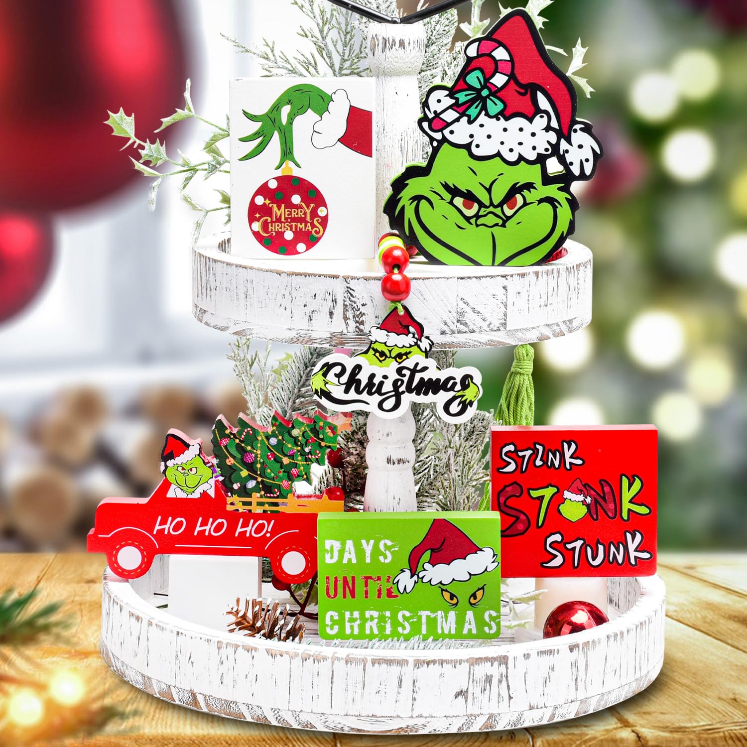 Christmas Tiered Tray Decorations - 6pcs Wooden Signs Table Centerpieces for Rustic Xmas Holiday Indoor Home Table Top Décor