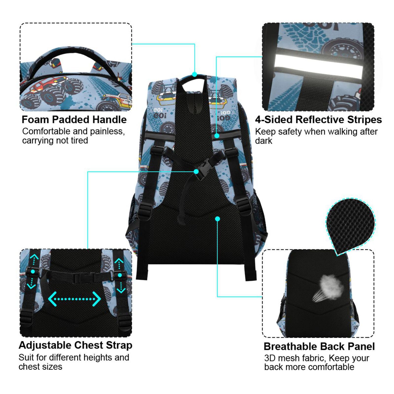 MCHIVER Red White Monster Truck Personalized Kids Backpack Custom for Boys & Girls 16.7 Inch School Backpack for Teen with Adjustable Buckle Backpacks for School & Picnic