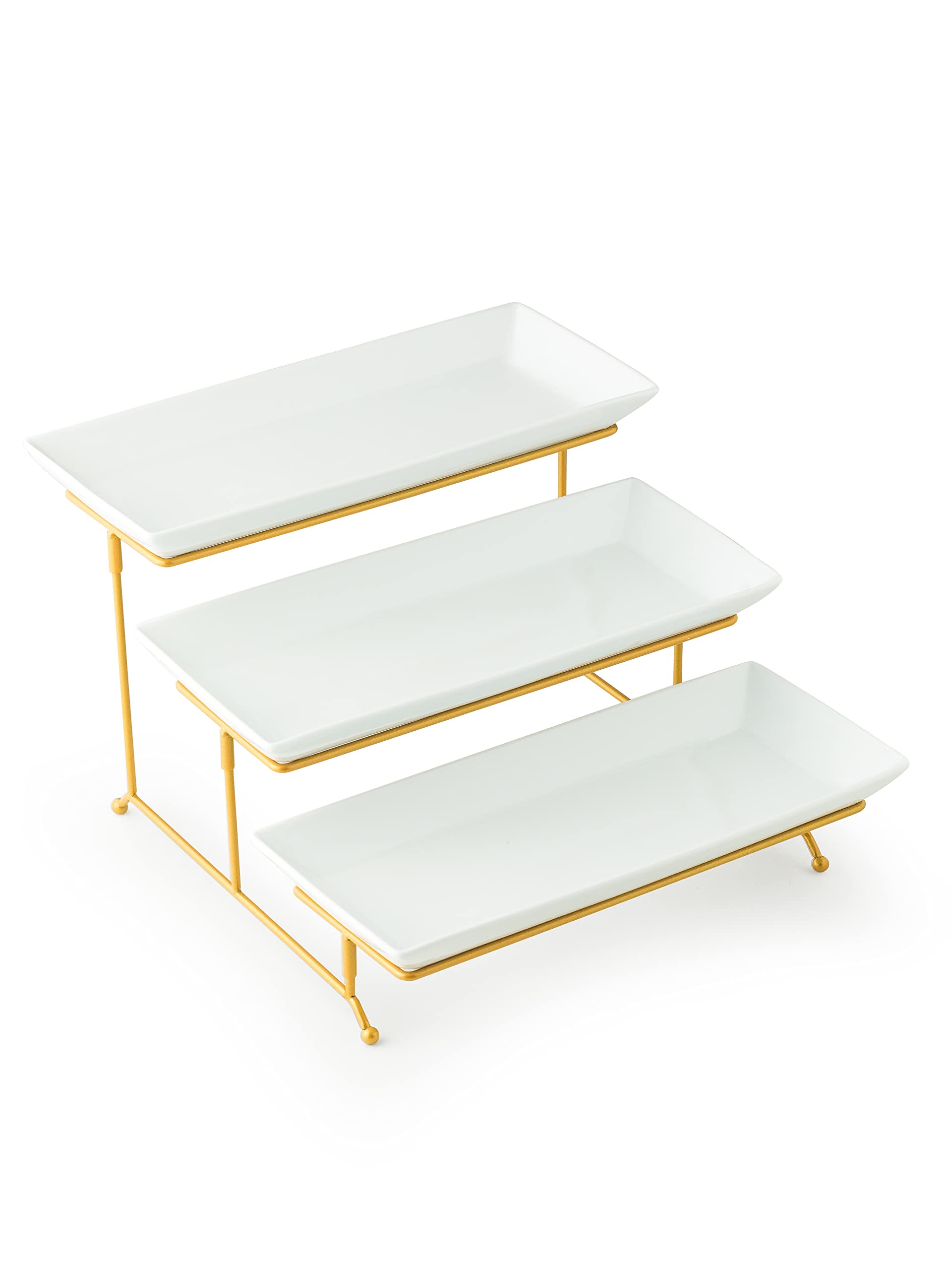 Cormomu 3 Tier Serving Tray, Tiered Serving Stand Display Set for Entertraining Dessert Table Serving Tray with Stand, White Ceramic Banquet Serving Platters for Party, 12 Inches (Gold)