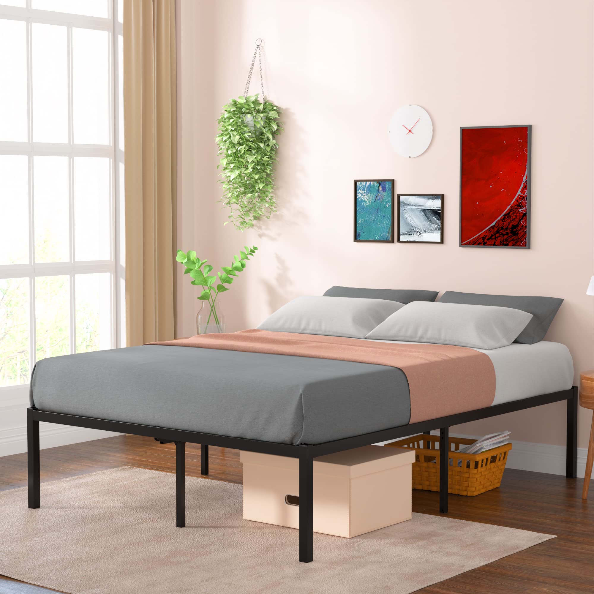 Elephance Queen Bed Frame with Storage Space 16 Inch Black Bedframe No Box Spring Needed Metal Platform with Heavy Duty Steel Slat Support, Easy Assembly