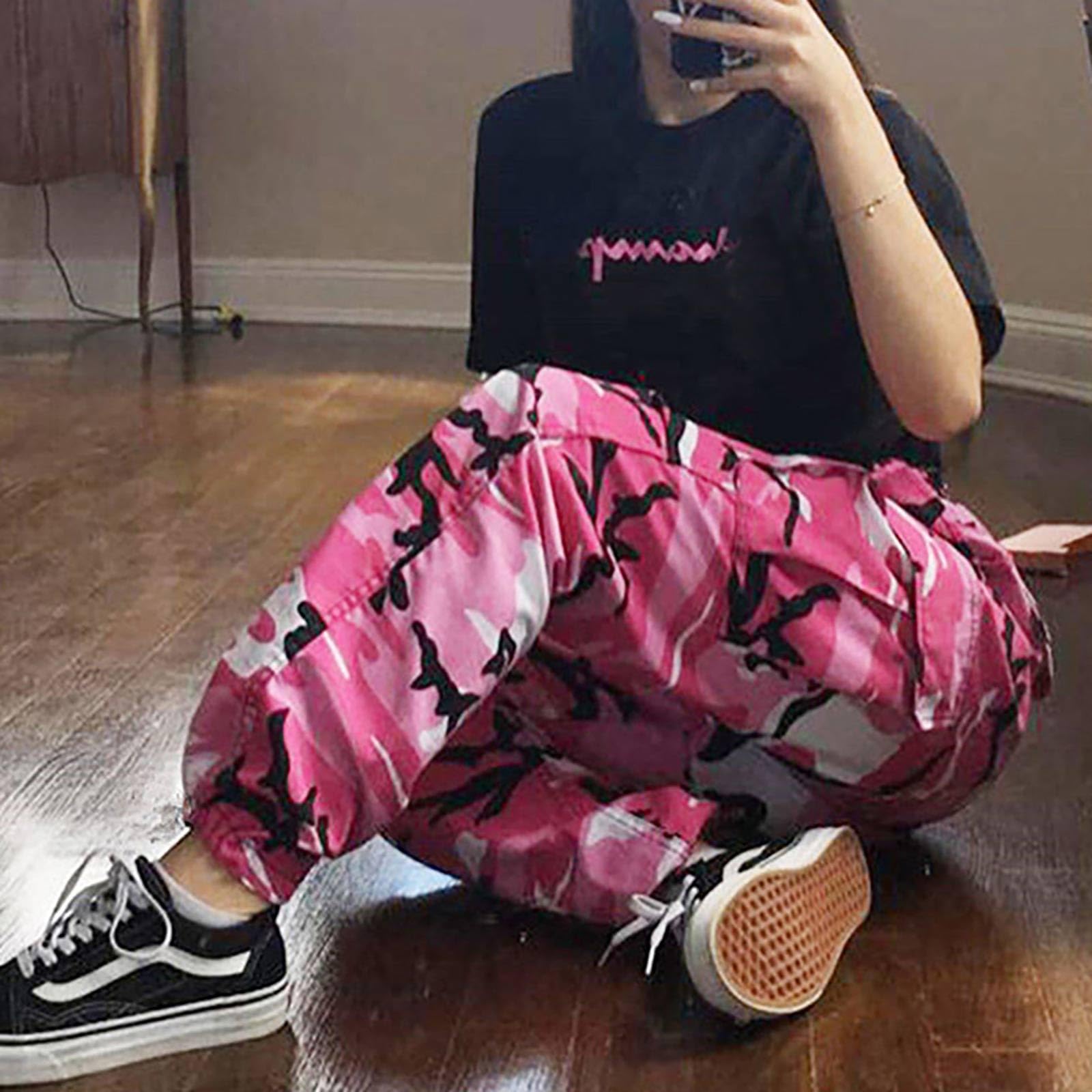 ZODLLS Women's Camo Pants Cargo Trousers Cool Camouflage Pants Elastic Waist Casual Multi Jogger Pants with Pocket Hot Pink-M