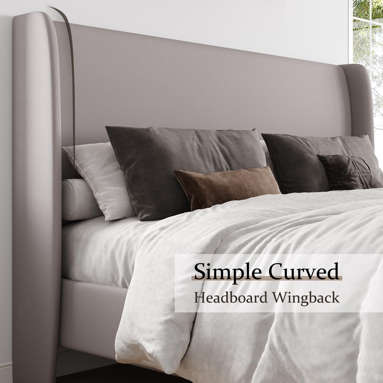 Jocisland Upholstered Bed Frame Queen Size Platform Bed with Wingback Headboard/No Box Spring Needed/Easy Assembly/Light Grey