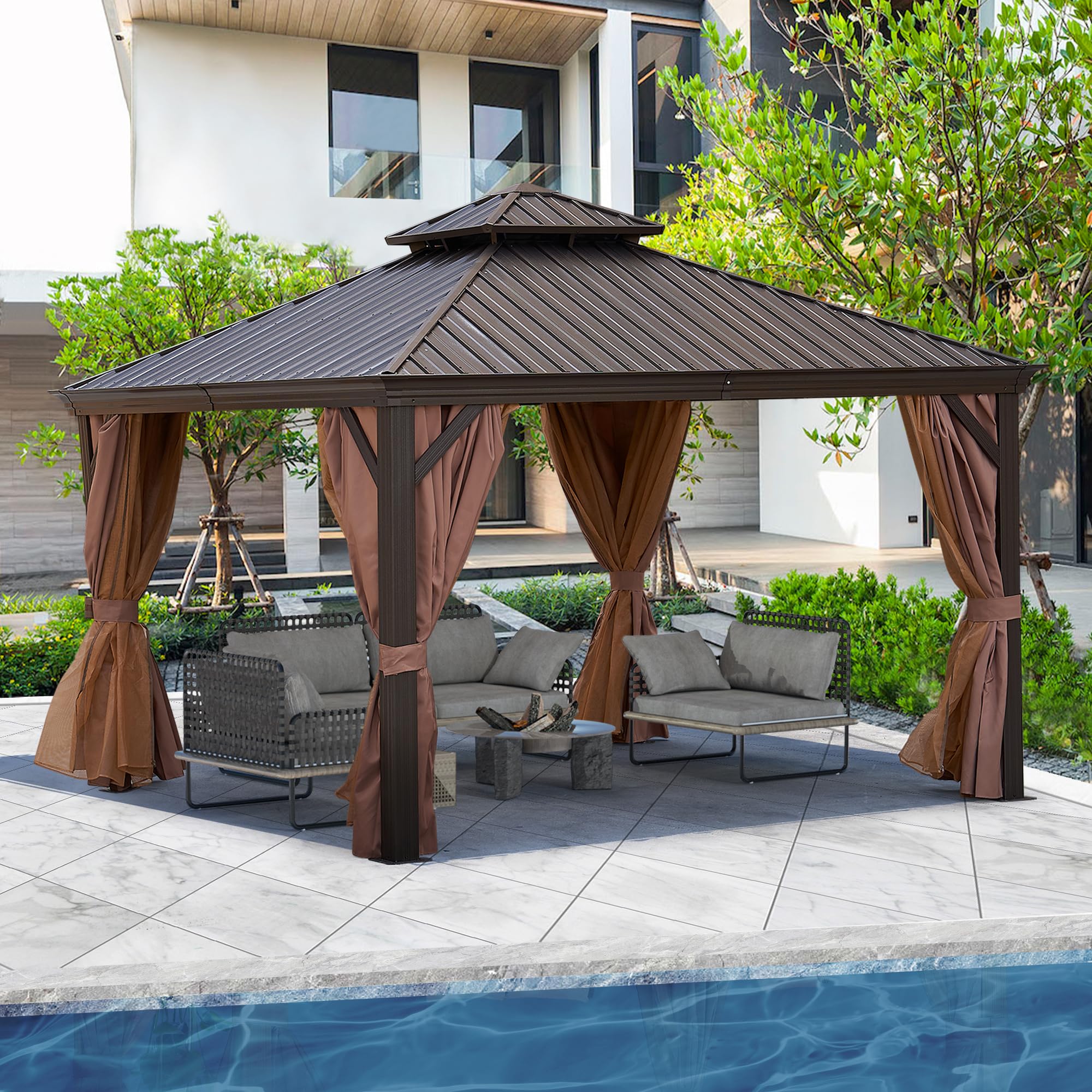 Endark 12x12FT Hardtop Gazebo with Galvanized Steel Double Roof, Outdoor Metal-Look Aluminum Frame Canopy with Netting and Removable Zippered Curtains, Pergolas for Patio, Garden, Lawn and Backyard