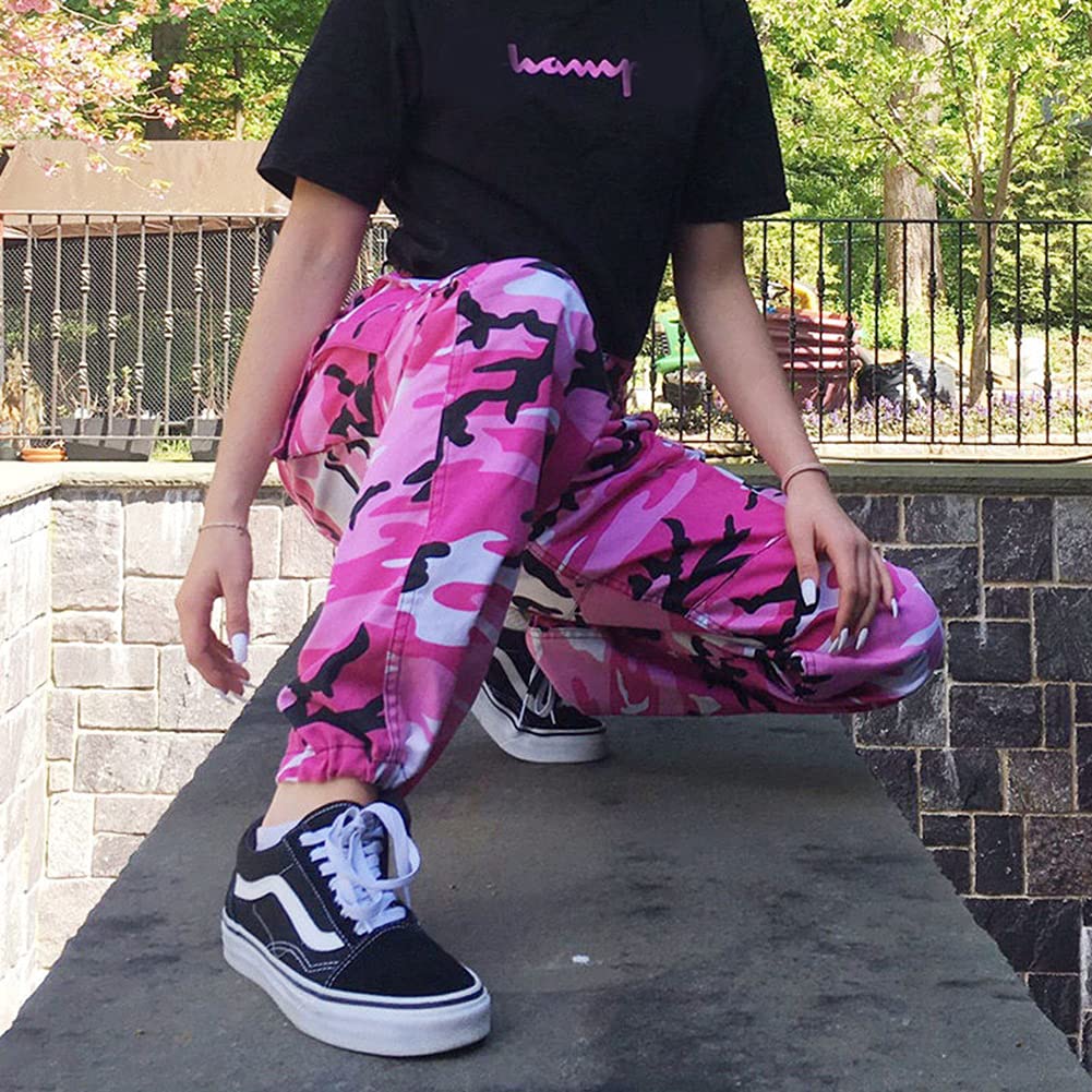 ZODLLS Women's Camo Pants Cargo Trousers Cool Camouflage Pants Elastic Waist Casual Multi Jogger Pants with Pocket Hot Pink-M