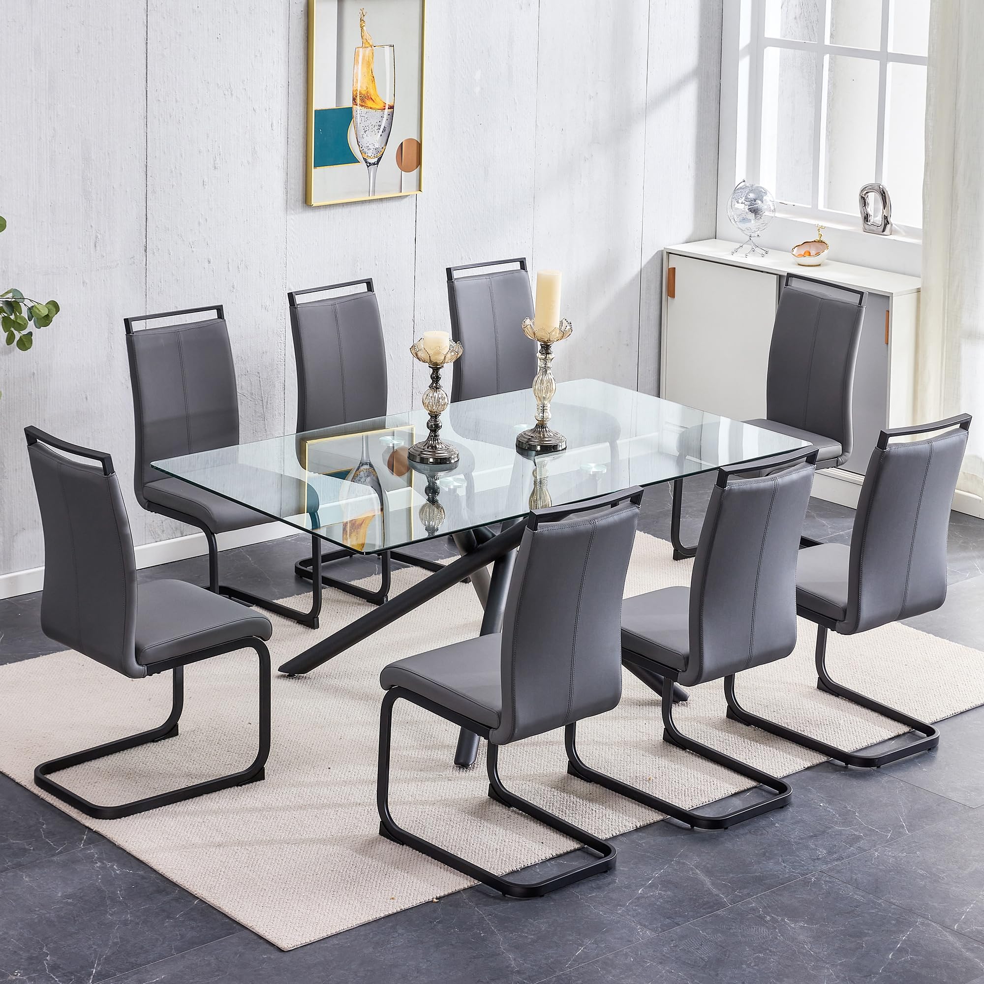 JBFF 71" Large 6-8, Modern 0.39" Tempered Glass Top Black Metal Pedestal Base, Easy Assemble, Mid-Century Rectangle Dinner Table for Dining, Living Room, Kitchen, Office