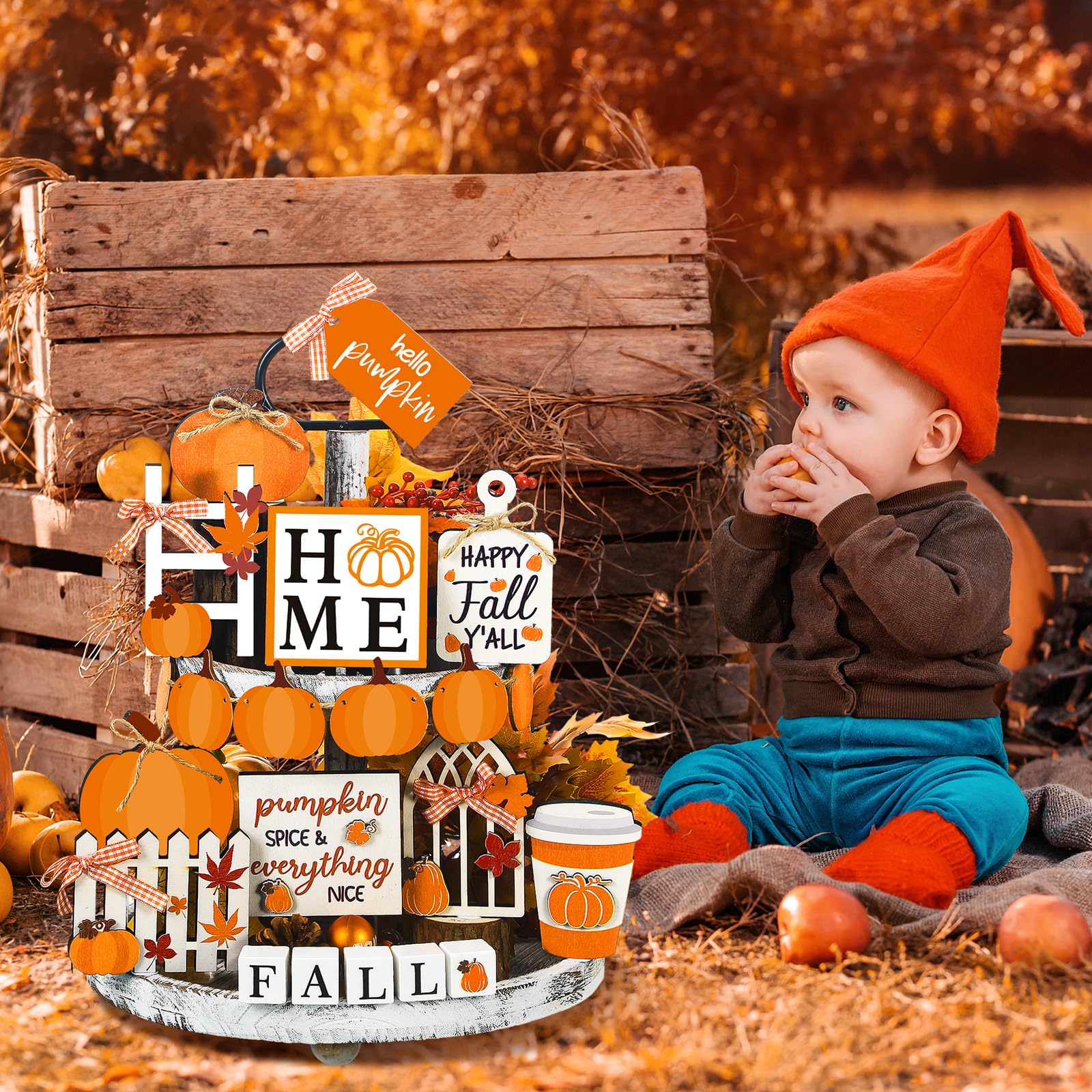 Set of 15 Fall Tiered Tray Decor Pumpkins Farmhouse Decor Autumn Maple Leaf Table Centerpieces Thanksgiving Harvest Wood Blocks Signs for Home Decor(Cute Style)