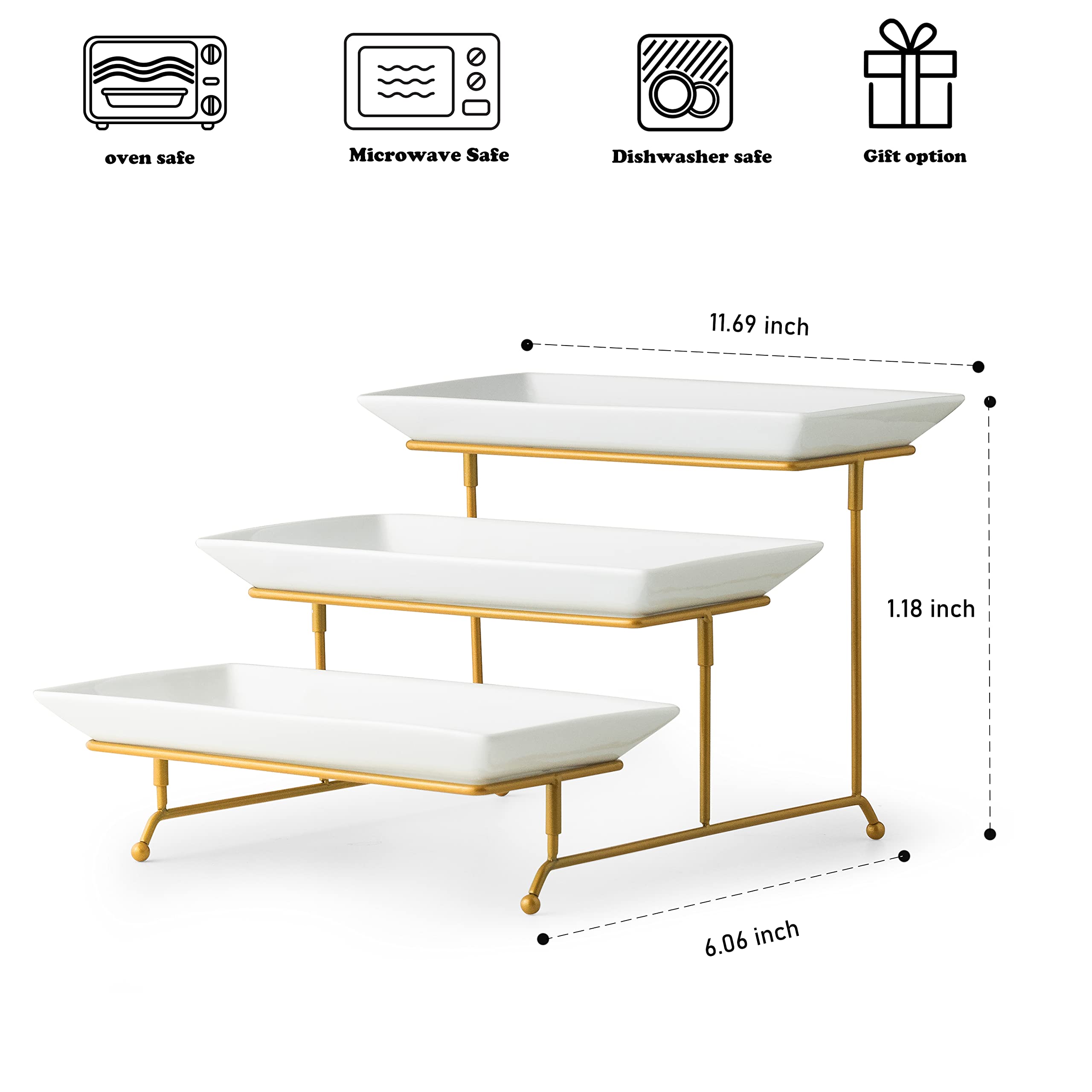Cormomu 3 Tier Serving Tray, Tiered Serving Stand Display Set for Entertraining Dessert Table Serving Tray with Stand, White Ceramic Banquet Serving Platters for Party, 12 Inches (Gold)