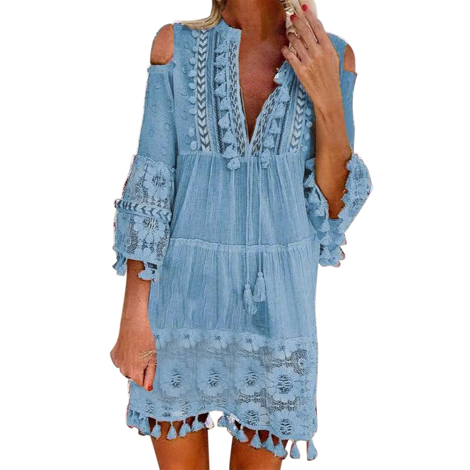 Long Dresses for Women Wedding Guest Ladies Lace Tassel Hollow Stitching Sunscreen Blouse Casual Dress