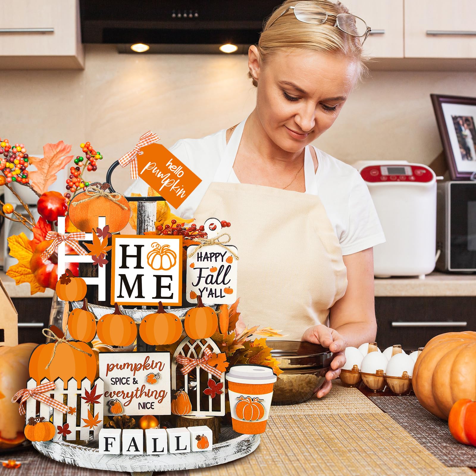 Set of 15 Fall Tiered Tray Decor Pumpkins Farmhouse Decor Autumn Maple Leaf Table Centerpieces Thanksgiving Harvest Wood Blocks Signs for Home Decor(Cute Style)