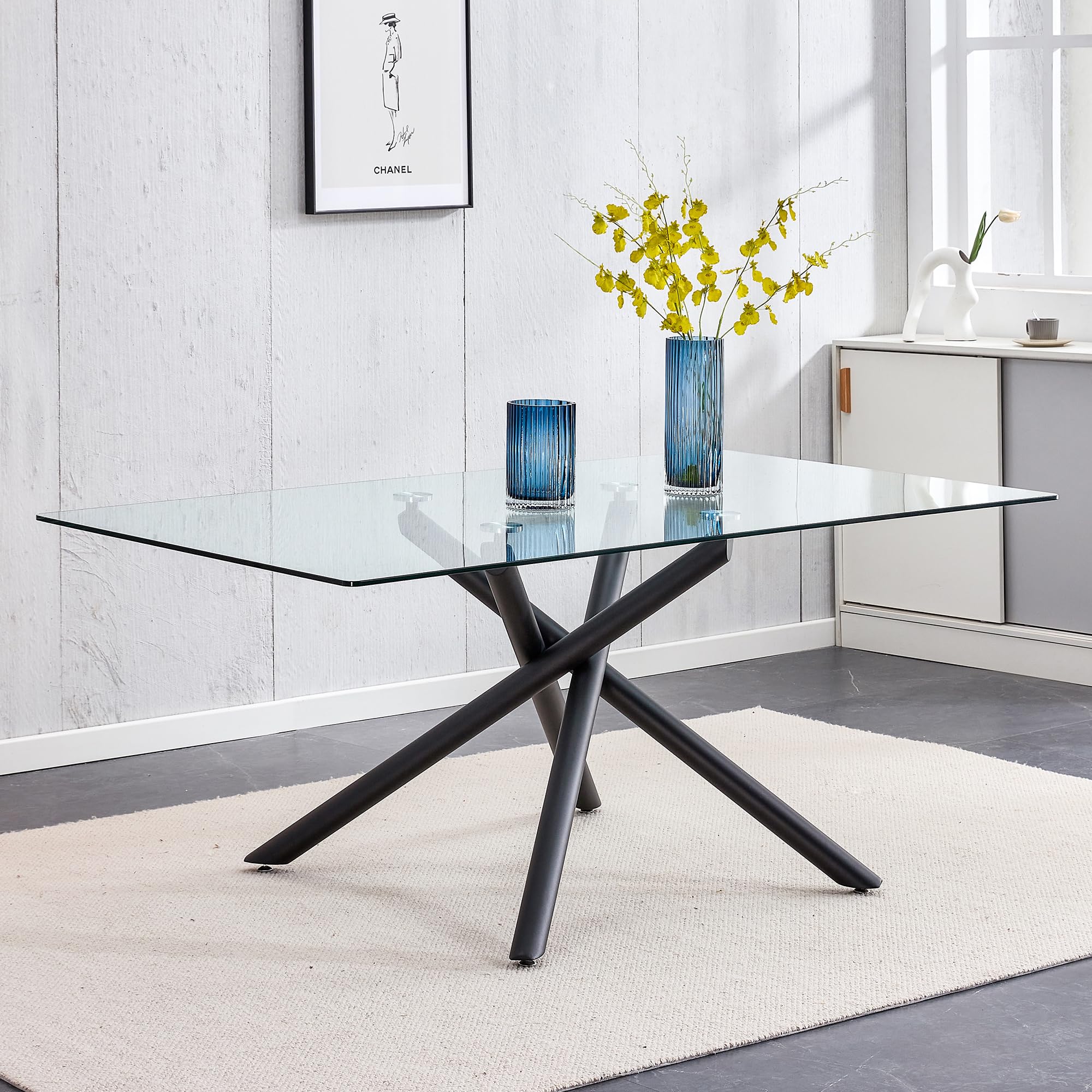JBFF 71" Large 6-8, Modern 0.39" Tempered Glass Top Black Metal Pedestal Base, Easy Assemble, Mid-Century Rectangle Dinner Table for Dining, Living Room, Kitchen, Office