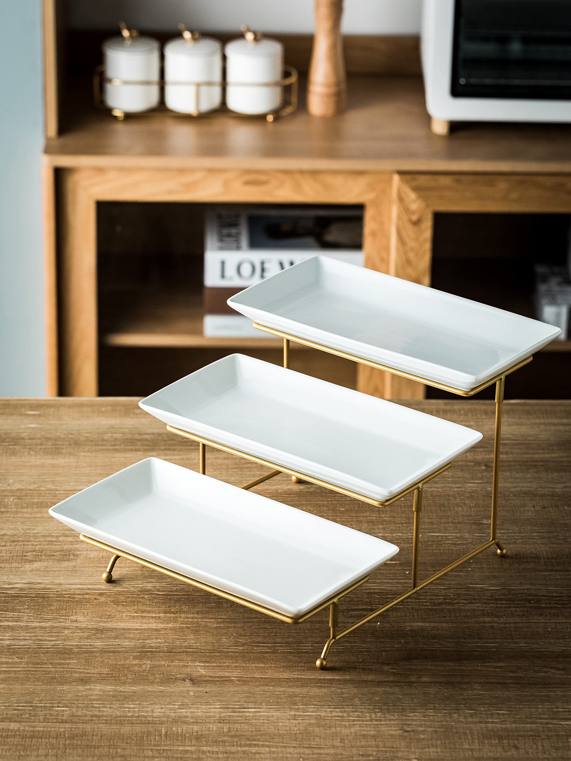 Cormomu 3 Tier Serving Tray, Tiered Serving Stand Display Set for Entertraining Dessert Table Serving Tray with Stand, White Ceramic Banquet Serving Platters for Party, 12 Inches (Gold)