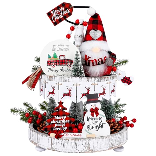13 Pieces Christmas Tiered Tray Decor Set Christmas Decorations Indoor Winter Wooden Tabletop Signs Red and Black Buffalo Plaid Theme Decor Gnome Snowman Christmas Tree for Christmas Farmhouse Decor