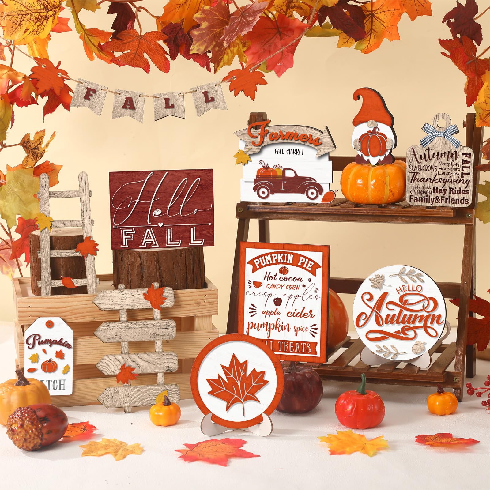 Huwena 16 pcs Thanksgiving Tiered Tray Decor Thanksgiving Gnome Truck Pumpkins Wood Sign Table Centerpieces Rustic Farmhouse Decorative Trays for Table Kitchen Wall Decorations