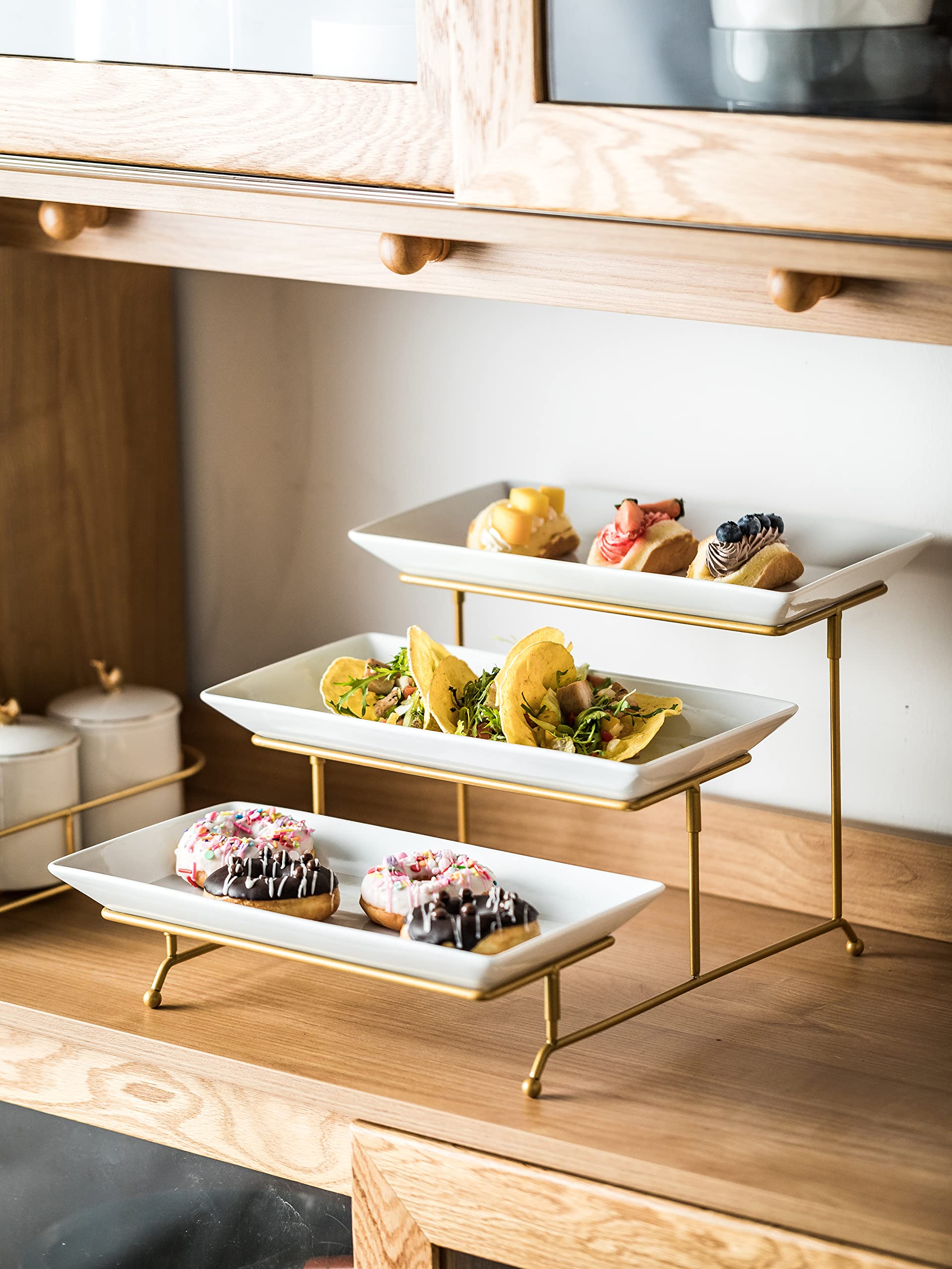 Cormomu 3 Tier Serving Tray, Tiered Serving Stand Display Set for Entertraining Dessert Table Serving Tray with Stand, White Ceramic Banquet Serving Platters for Party, 12 Inches (Gold)