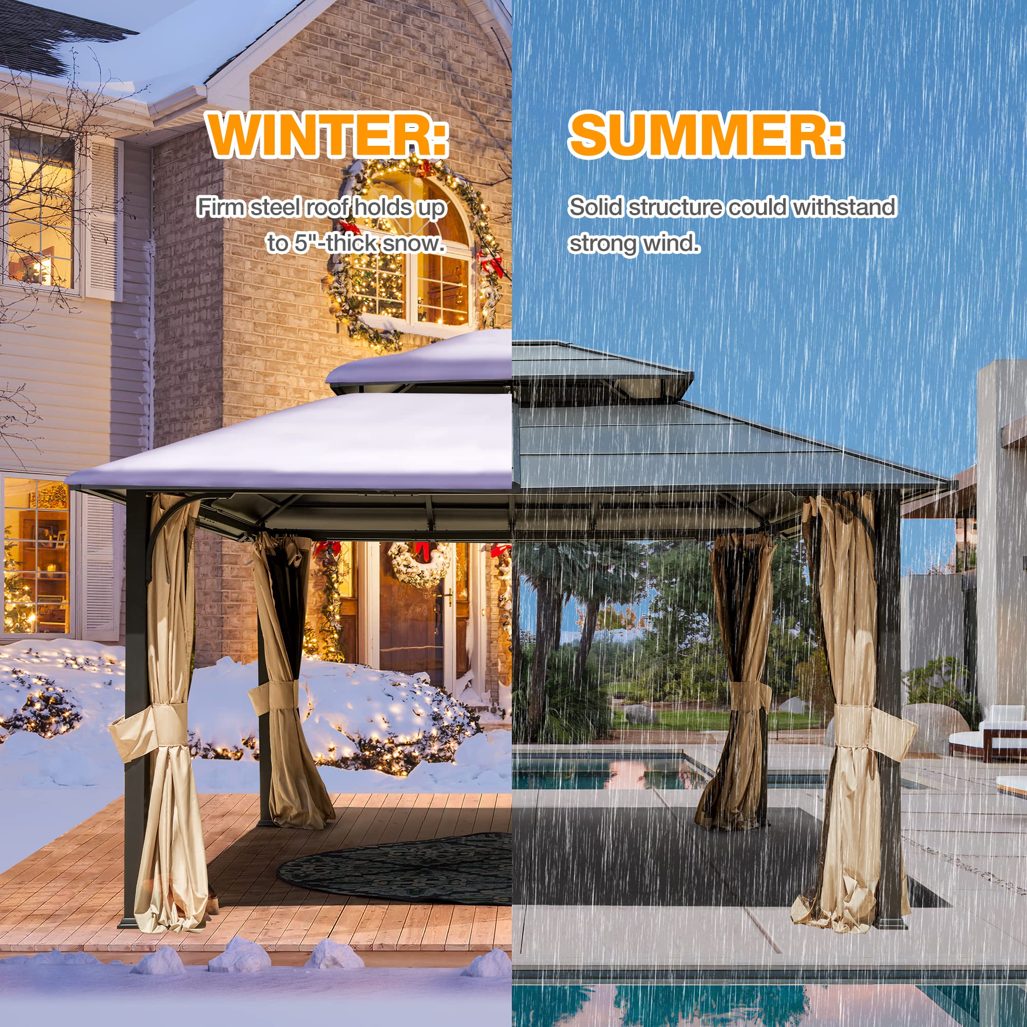 MELLCOM 12 x 14 FT Iron Hardtop Gazebo, Double Roof Design with Curtains and Netting, Waterproof Canopy Gazebos with Anti-Rust Coating Frame for Patios, Lawns, Gardens, and Backyard