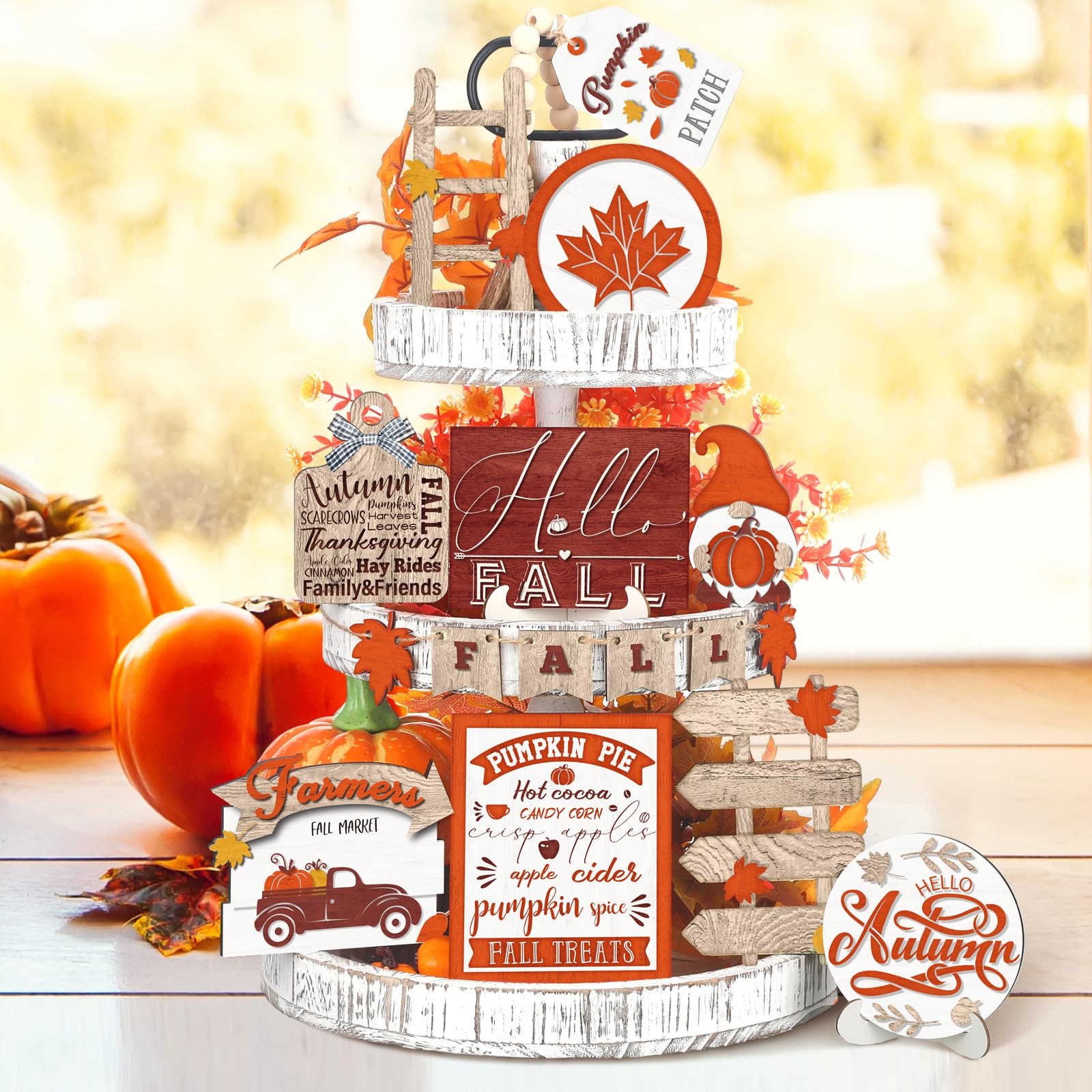 Huwena 16 pcs Thanksgiving Tiered Tray Decor Thanksgiving Gnome Truck Pumpkins Wood Sign Table Centerpieces Rustic Farmhouse Decorative Trays for Table Kitchen Wall Decorations