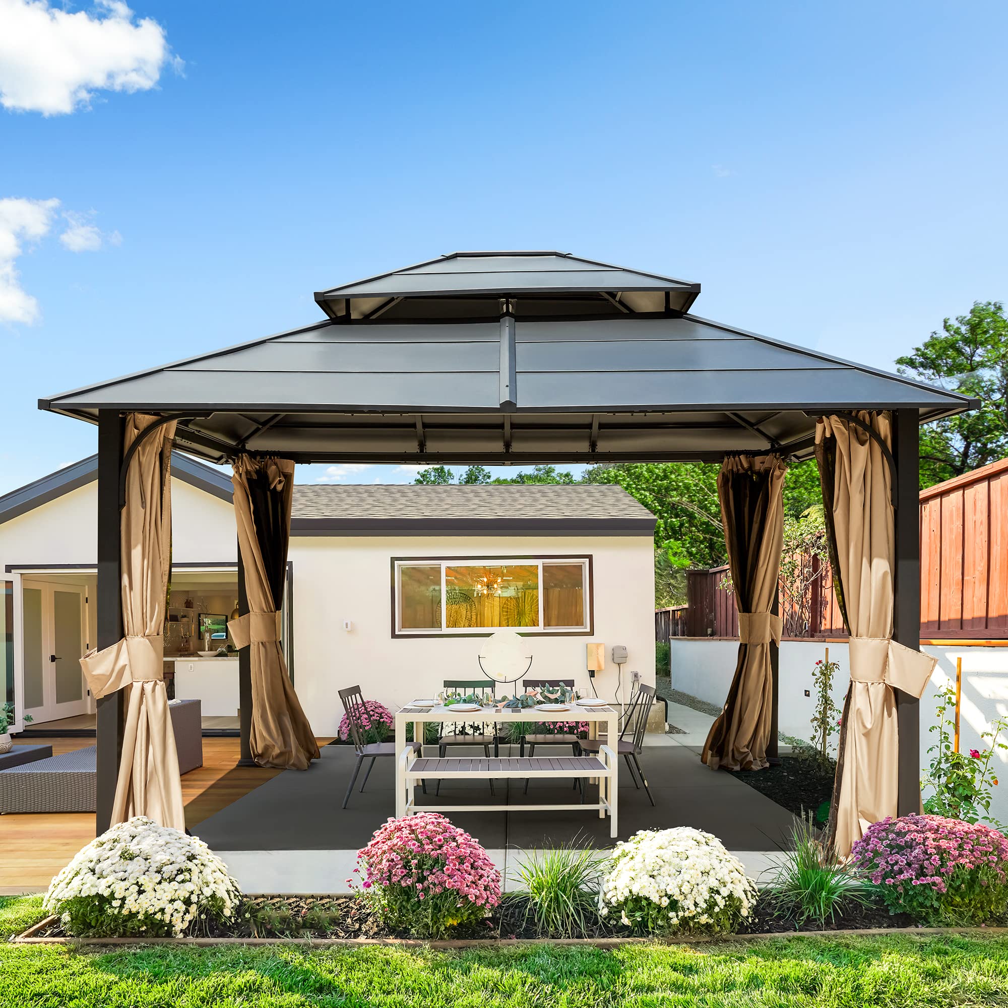 MELLCOM 12 x 14 FT Iron Hardtop Gazebo, Double Roof Design with Curtains and Netting, Waterproof Canopy Gazebos with Anti-Rust Coating Frame for Patios, Lawns, Gardens, and Backyard
