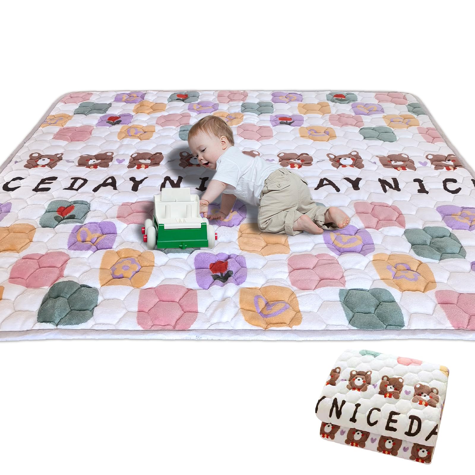 YANGSHILEI Playpen Mat 50x50, Thick One-Piece Crawling, Non-Slip Cushioned Baby Playmat for Infants,Babies,Toddlers, Coral Velvet Play Mat Machine Washable for Easy Storage(Pink Bear)
