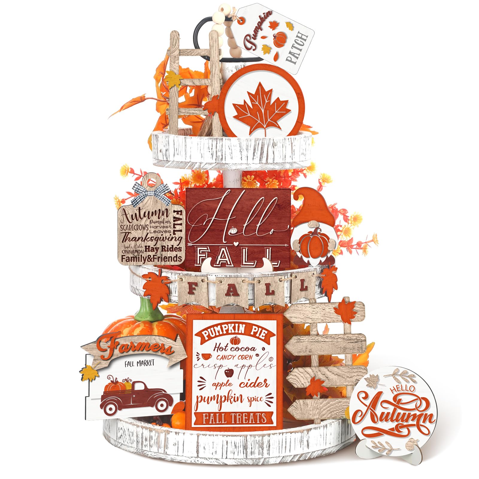Huwena 16 pcs Thanksgiving Tiered Tray Decor Thanksgiving Gnome Truck Pumpkins Wood Sign Table Centerpieces Rustic Farmhouse Decorative Trays for Table Kitchen Wall Decorations