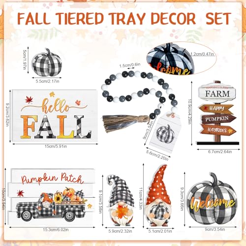 Soaoo 12 Pieces Fall Tiered Tray Decorations Set Wooden Hello Fall Pumpkin Gnome Truck Trays Signs for Autumn Holiday Thanksgiving Home Rustic Farmhouse Table Kitchen Decor (Black and White)