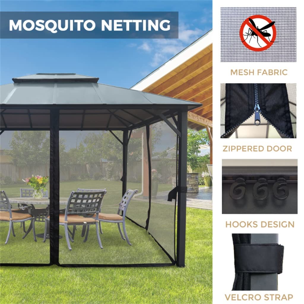ZZBJ 12 ft. x 10 ft. Aluminum Hardtop Outdoor Patio Gazebo with Insulated Double-Roof Hardtop and Netting