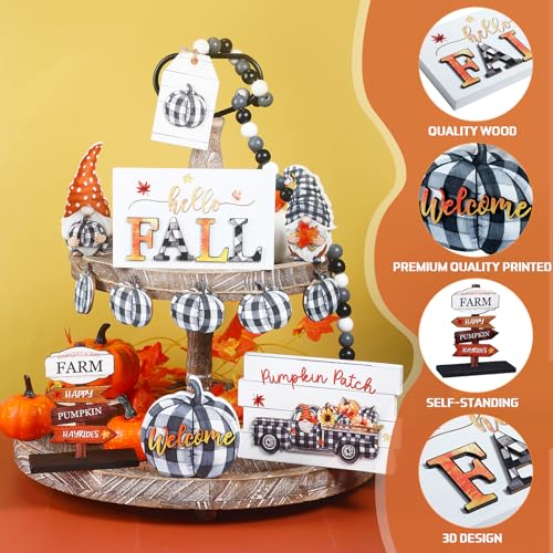 Soaoo 12 Pieces Fall Tiered Tray Decorations Set Wooden Hello Fall Pumpkin Gnome Truck Trays Signs for Autumn Holiday Thanksgiving Home Rustic Farmhouse Table Kitchen Decor (Black and White)