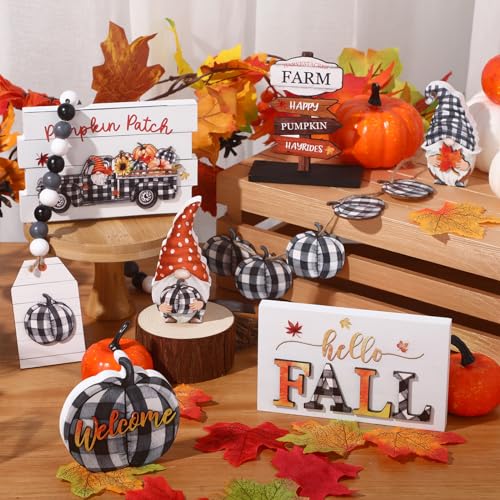 Soaoo 12 Pieces Fall Tiered Tray Decorations Set Wooden Hello Fall Pumpkin Gnome Truck Trays Signs for Autumn Holiday Thanksgiving Home Rustic Farmhouse Table Kitchen Decor (Black and White)