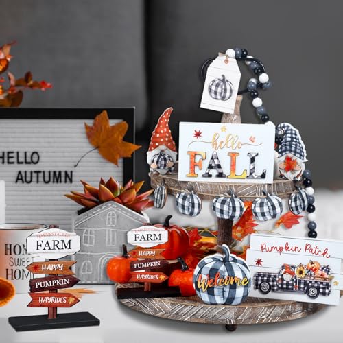 Soaoo 12 Pieces Fall Tiered Tray Decorations Set Wooden Hello Fall Pumpkin Gnome Truck Trays Signs for Autumn Holiday Thanksgiving Home Rustic Farmhouse Table Kitchen Decor (Black and White)